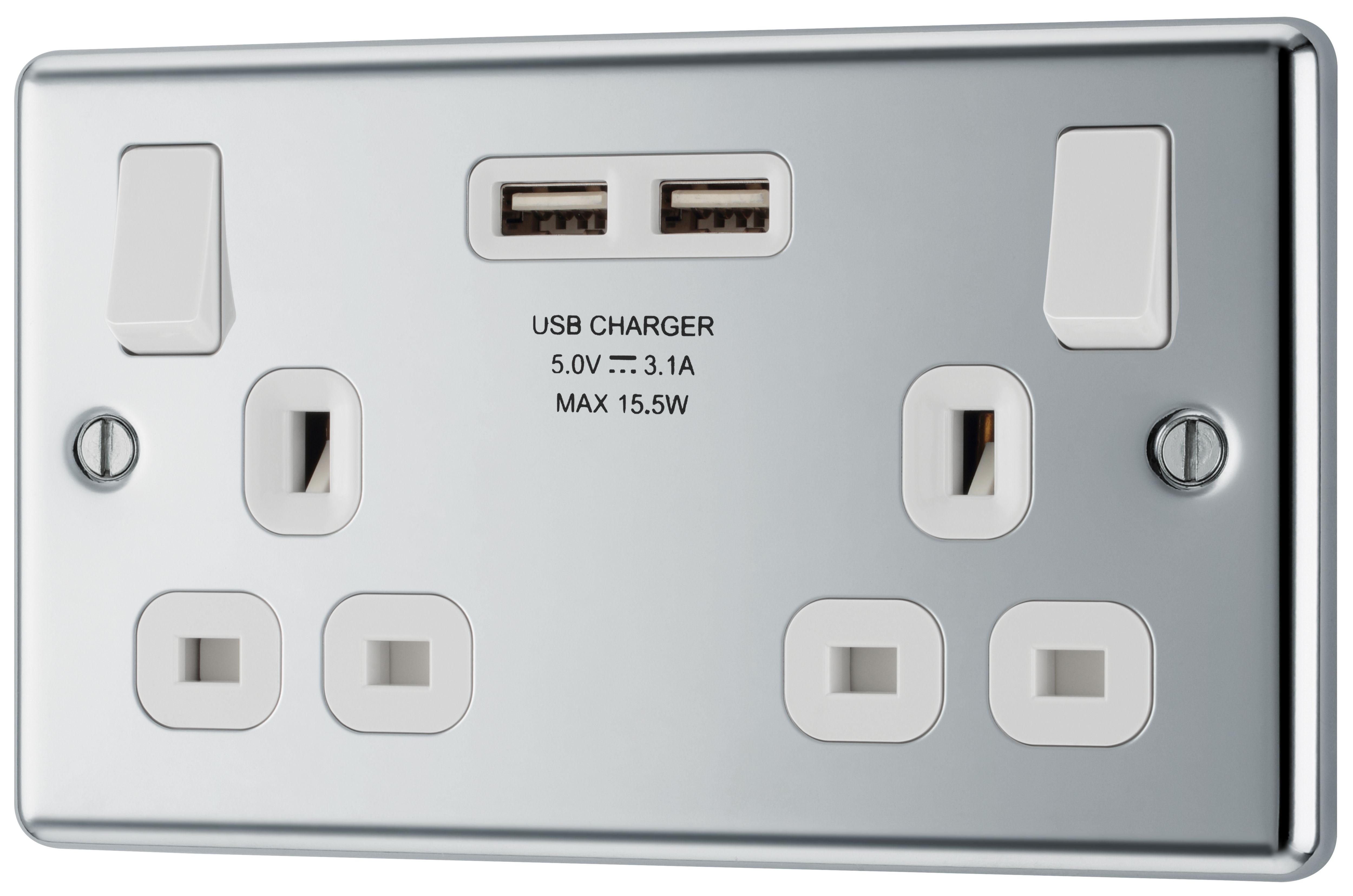 GoodHome Chrome Double 13A Raised rounded Switched Screwed Socket with ...