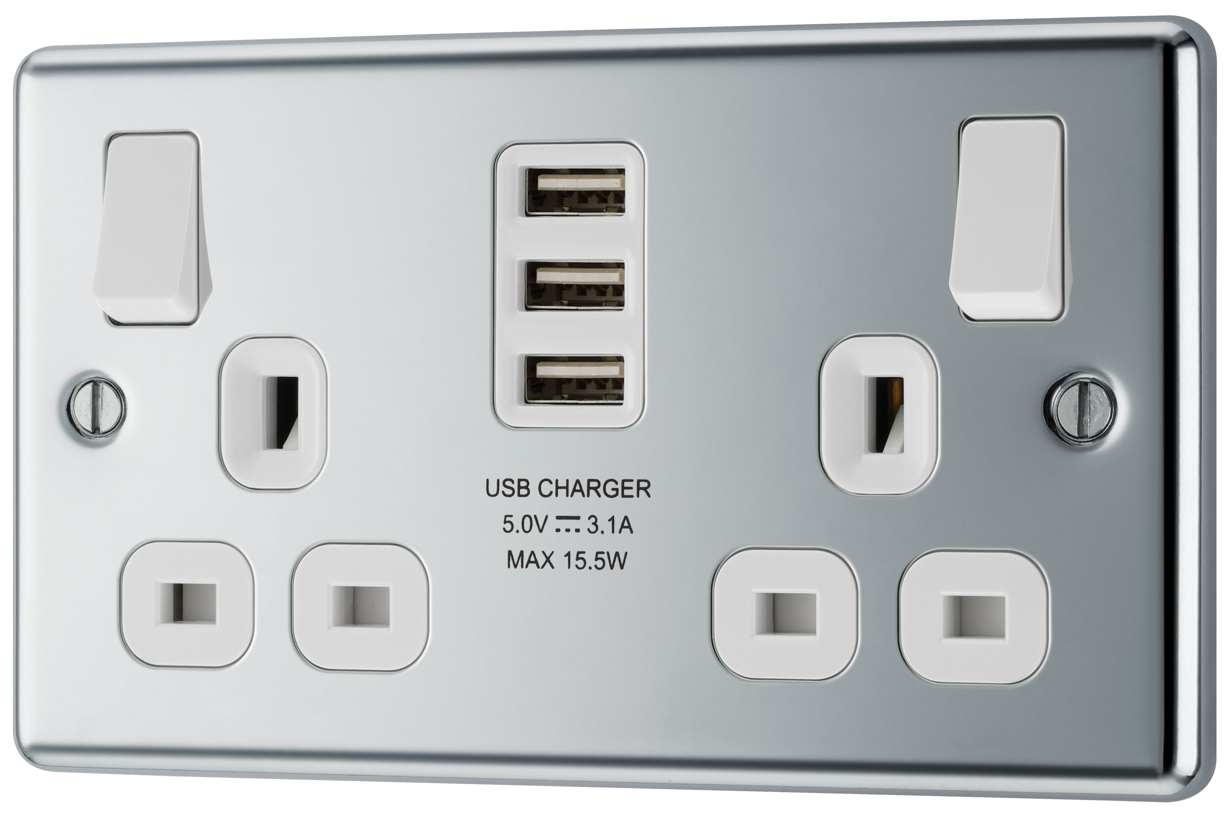GoodHome Chrome Double 13A Raised rounded Switched Screwed Socket with ...