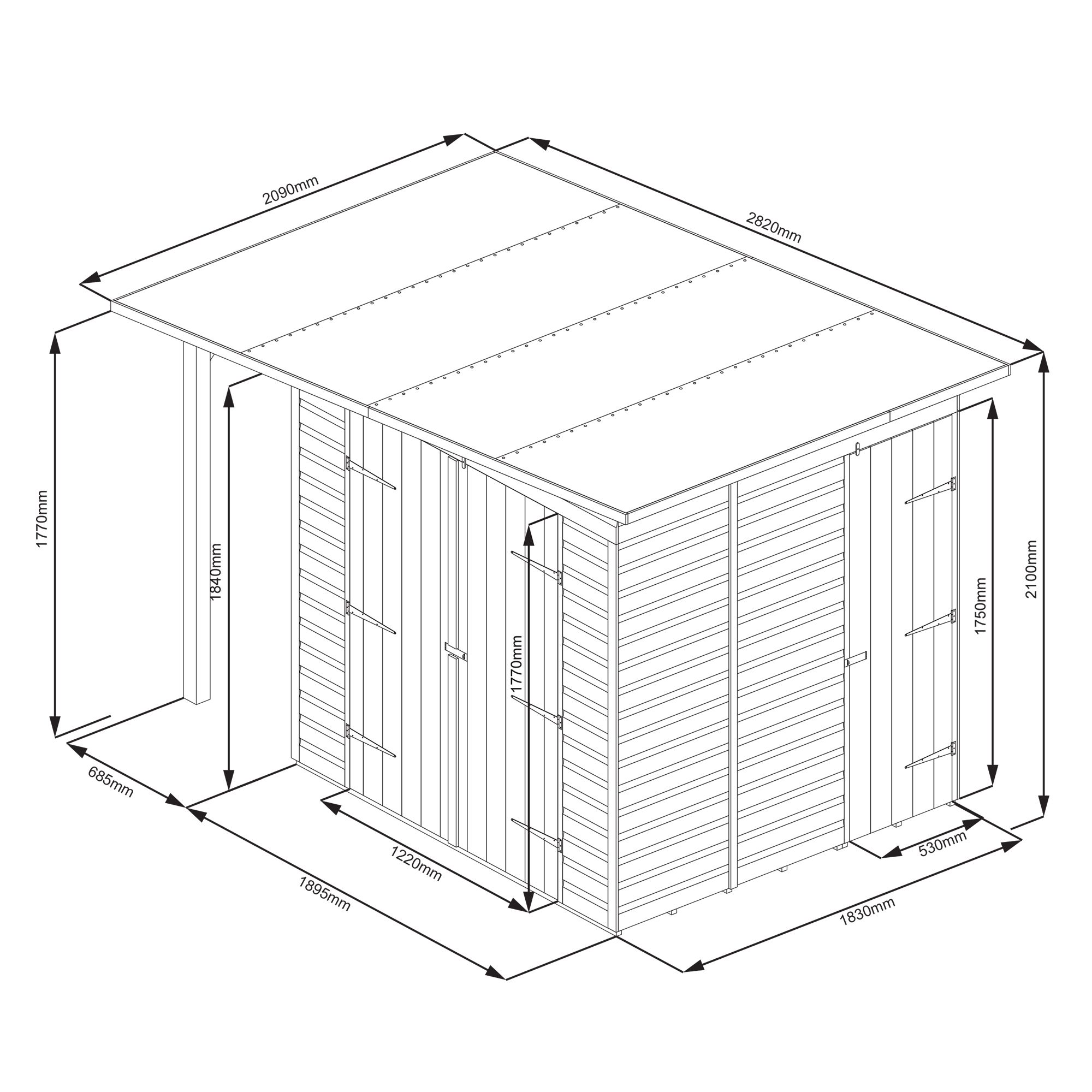 GoodHome Clapperton 8x6 ft Pent Wooden 2 door Shed with floor (Base ...