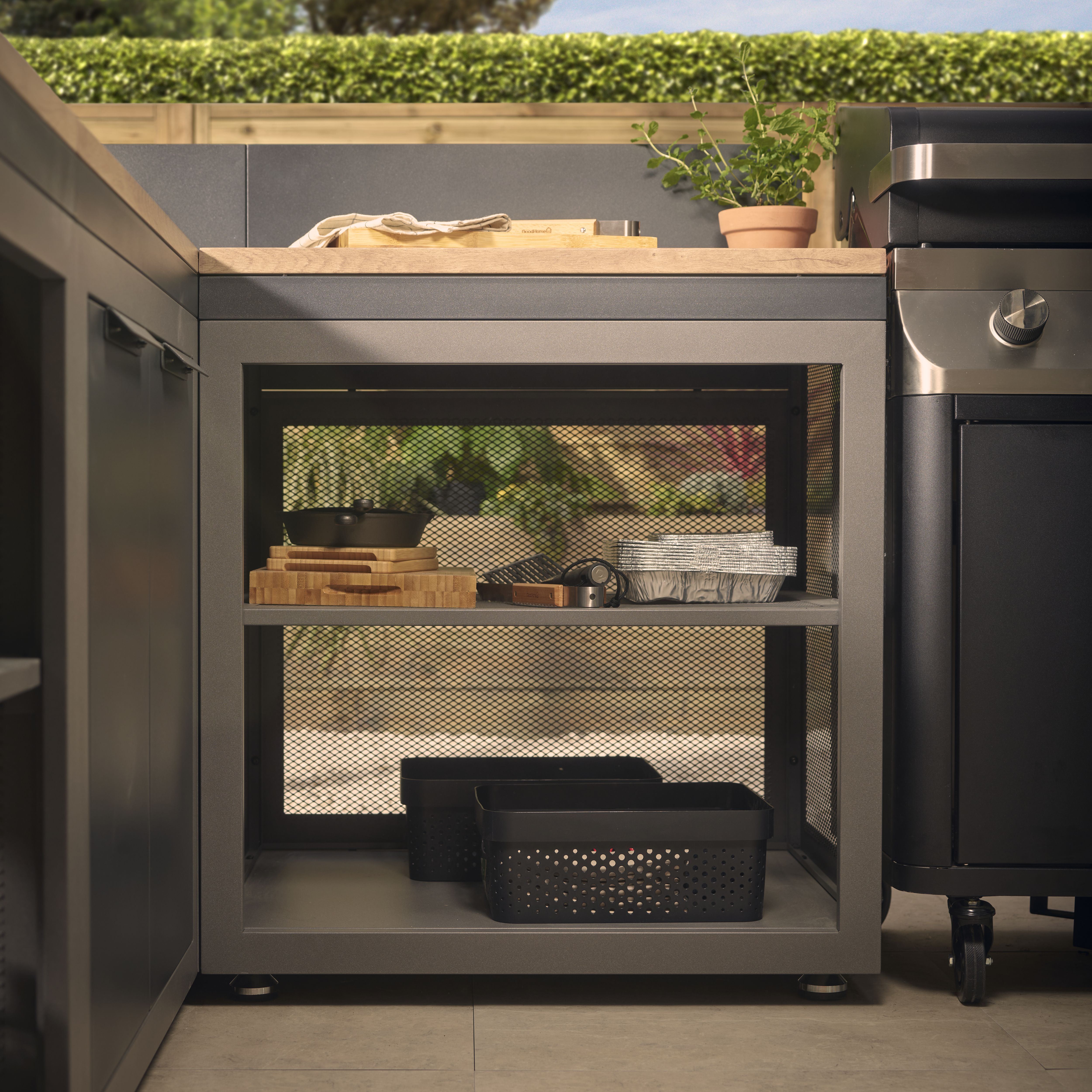 GoodHome Cucino Powder-coated Grey Open Steel Wood effect Outdoor ...