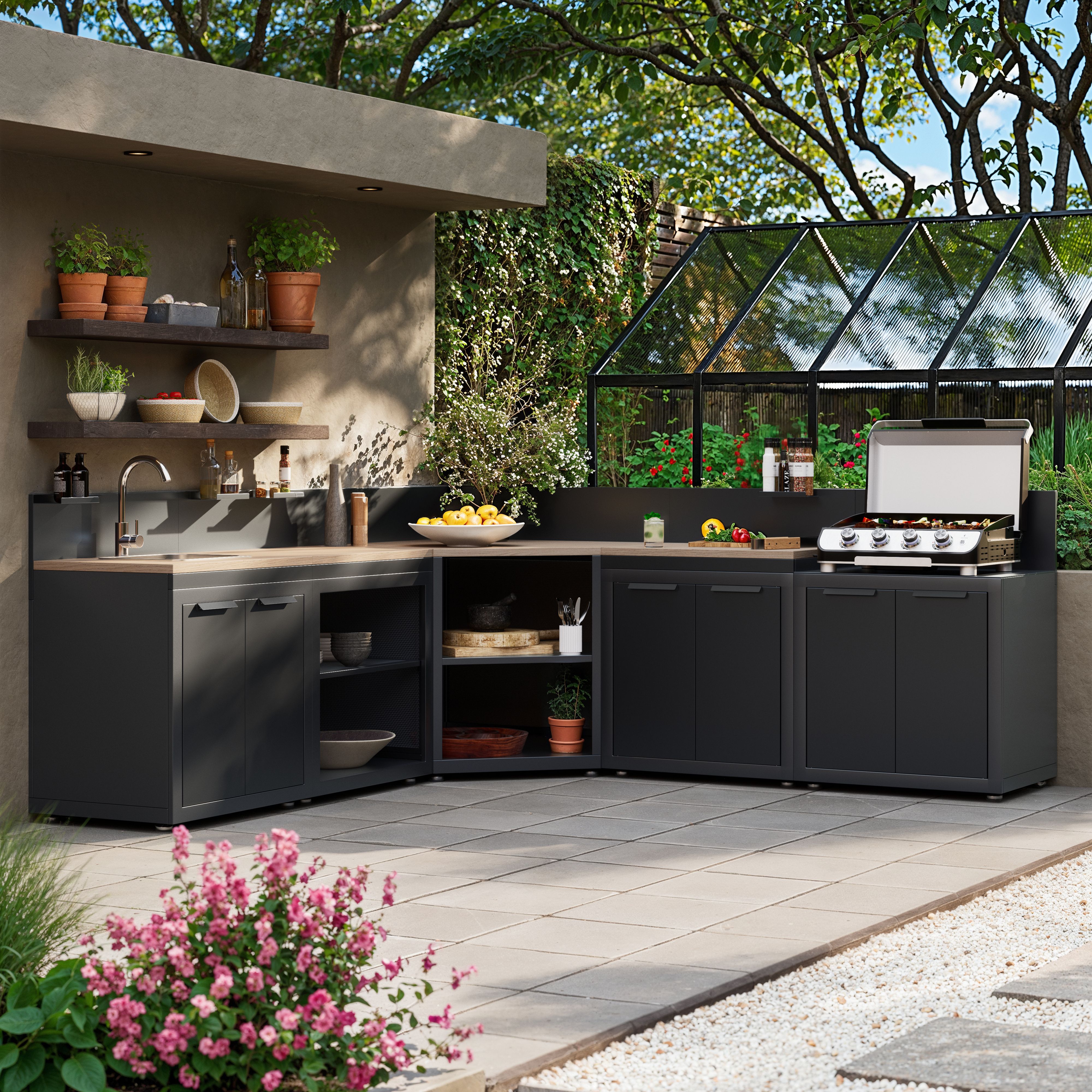 GoodHome Cucino Powder-coated Grey Open Steel Wood effect Outdoor ...