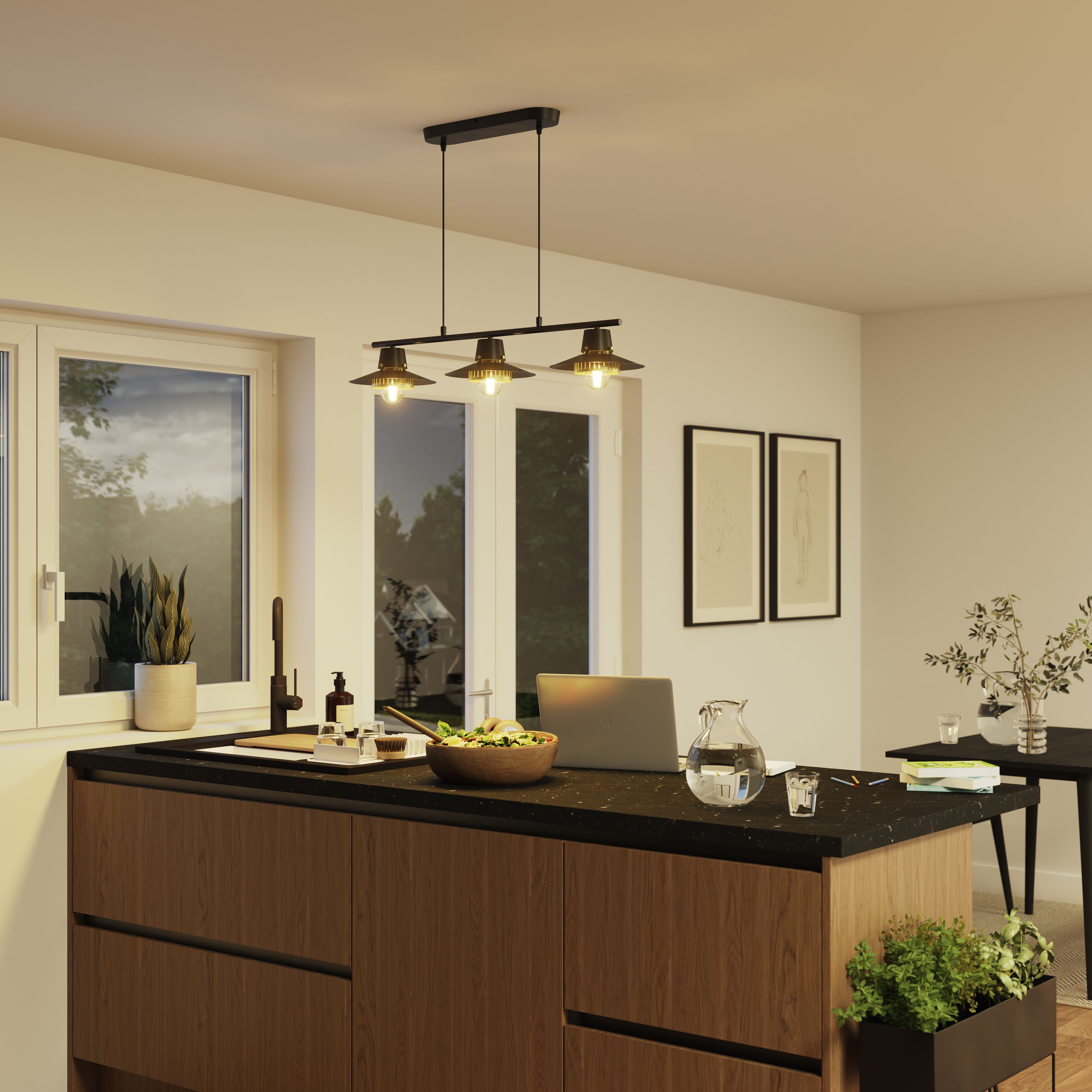 GoodHome Delagoa Bar Matt Black & Gold 3 Lamp LED Pendant ceiling light ...