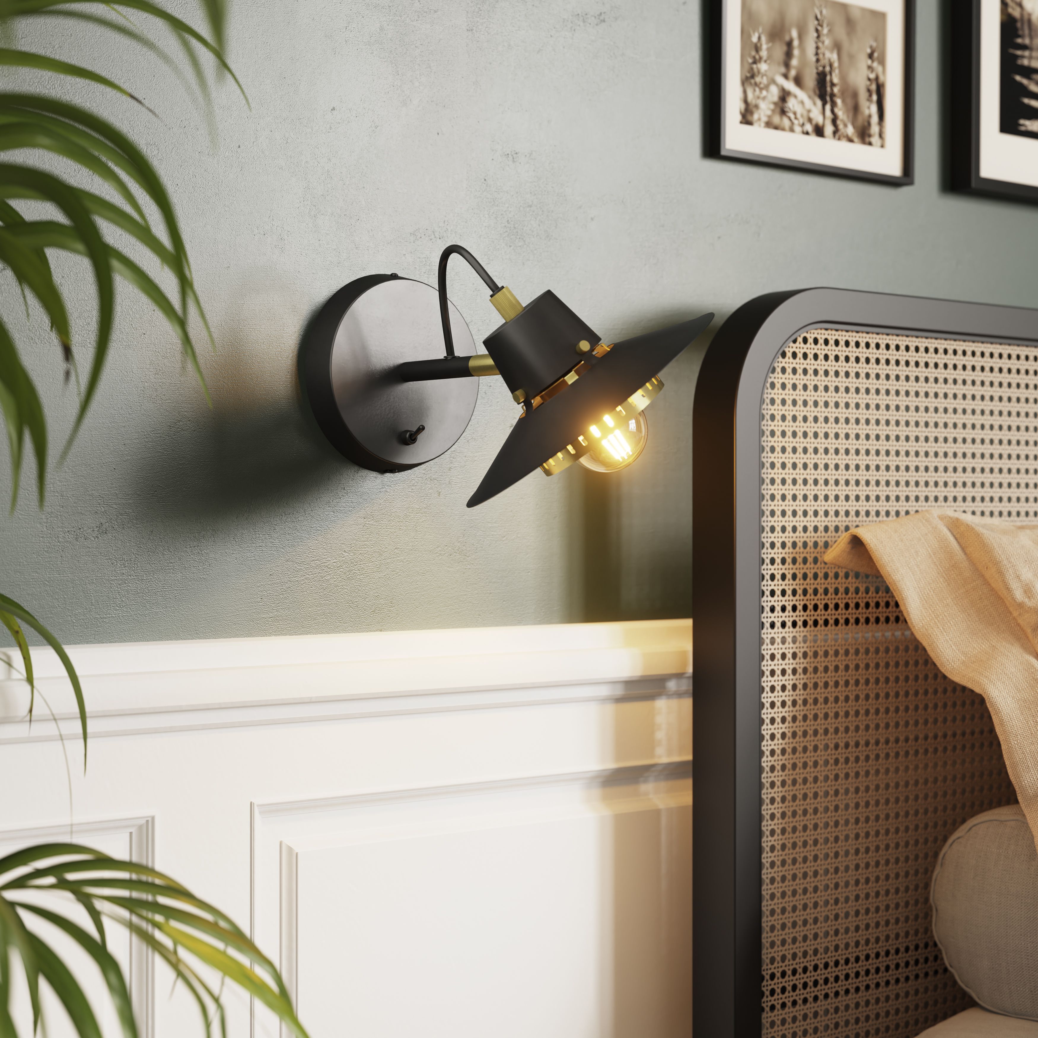 GoodHome Delagoa Industrial Matt Black & Gold Antique brass effect ...