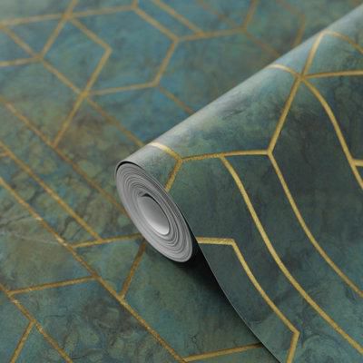 GoodHome Diap Teal Metallic effect Geometric Textured Wallpaper | DIY ...