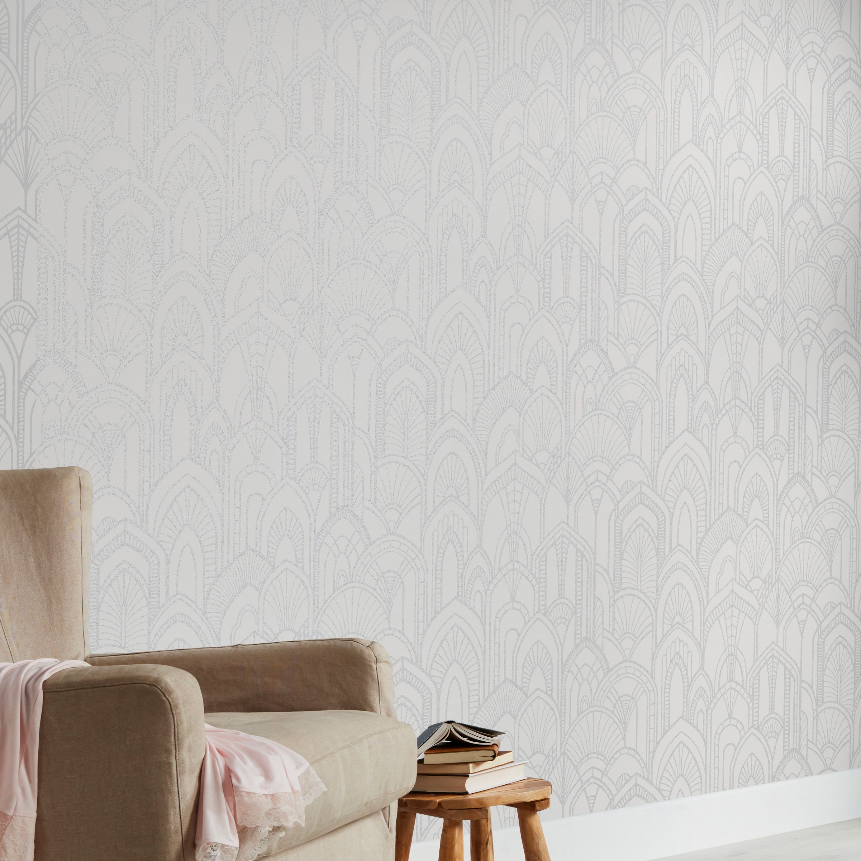 GoodHome Djinga White Metallic effect Art deco Textured Wallpaper Sample
