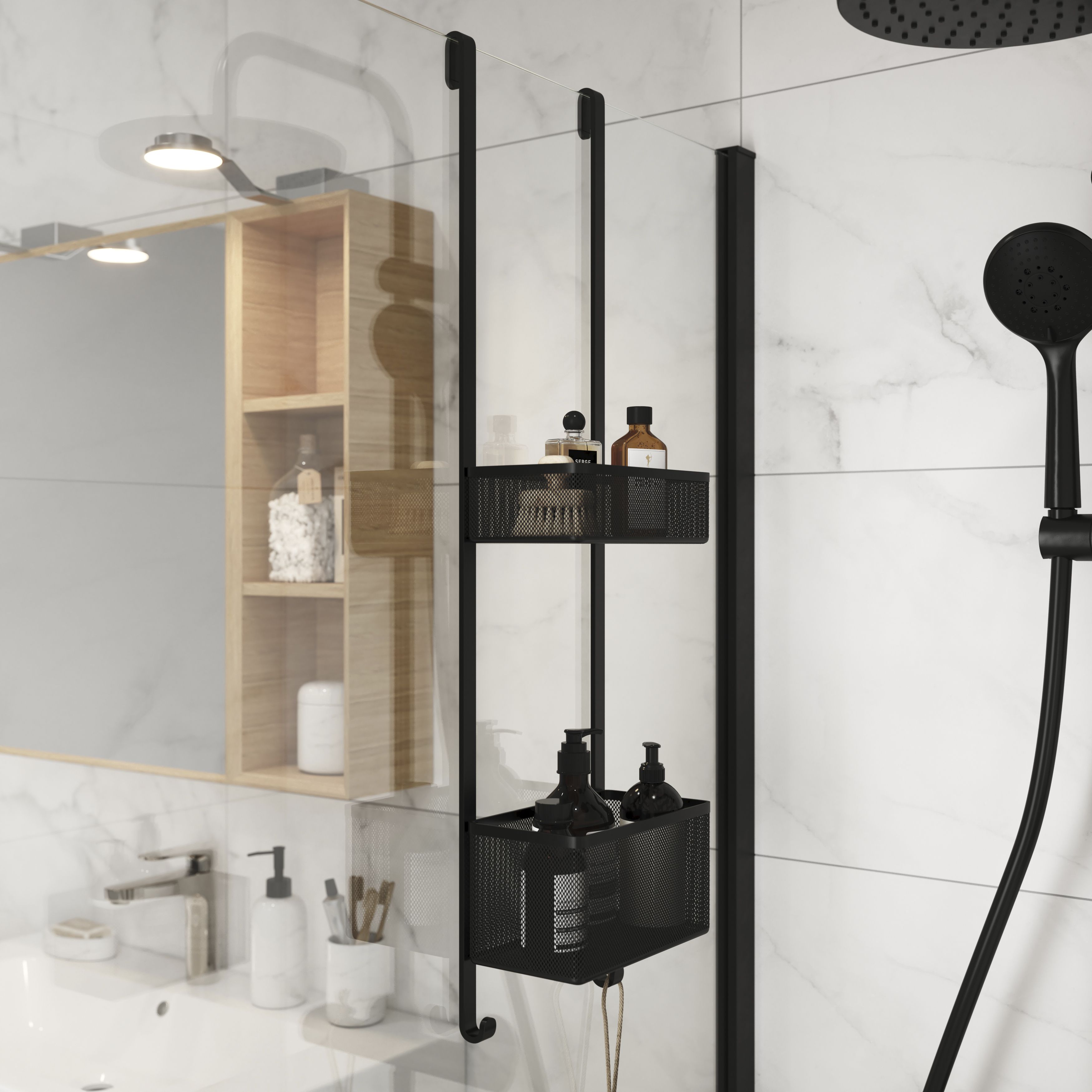 GoodHome Elland Black Steel 2 compartments Hook over shower caddy (W)20.2cm