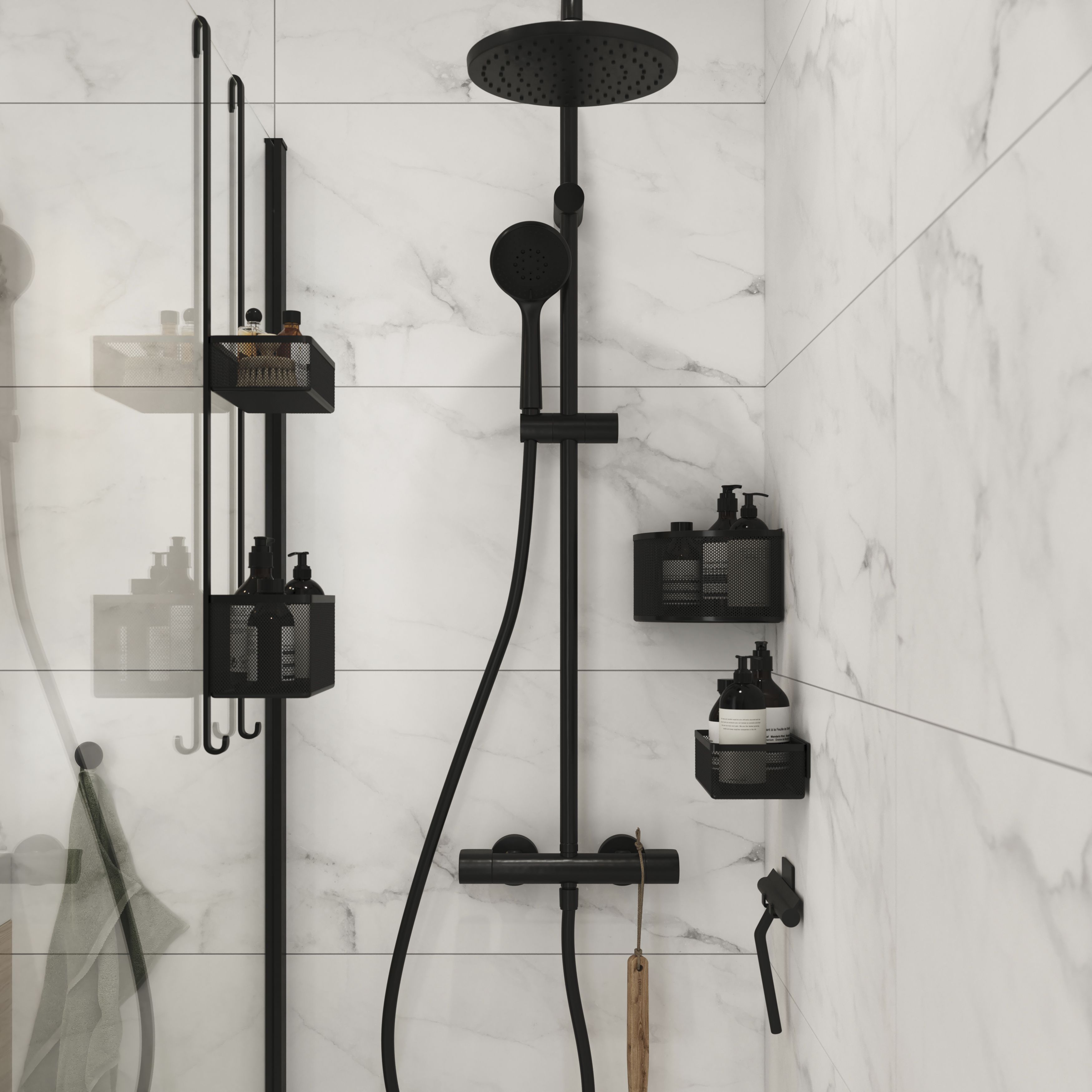 GoodHome Elland Black Steel 2 compartments Hook over shower caddy (W)20.2cm