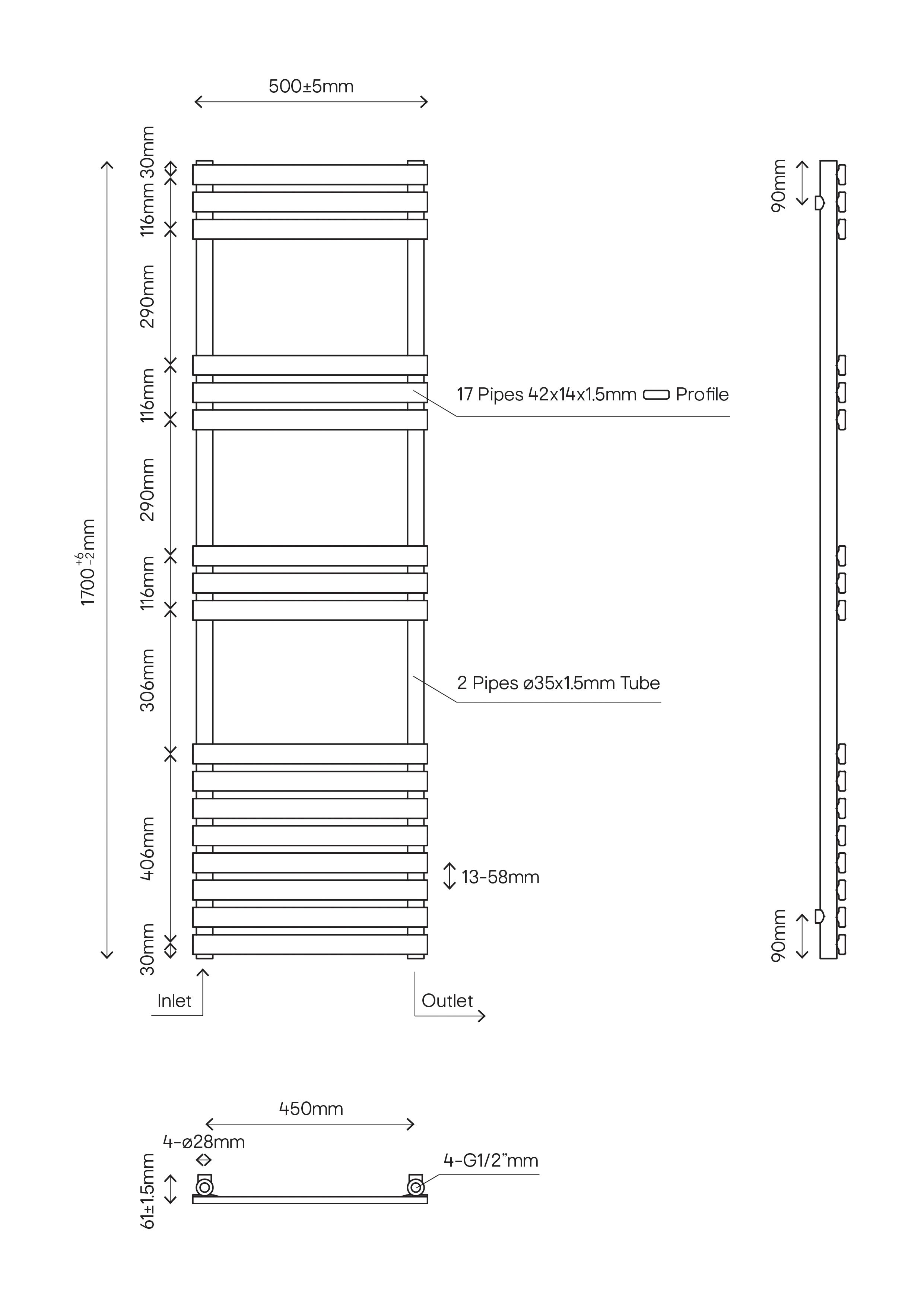 GoodHome Emsworth Black 2363BTU Vertical Towel radiator (W)500mm x (H ...