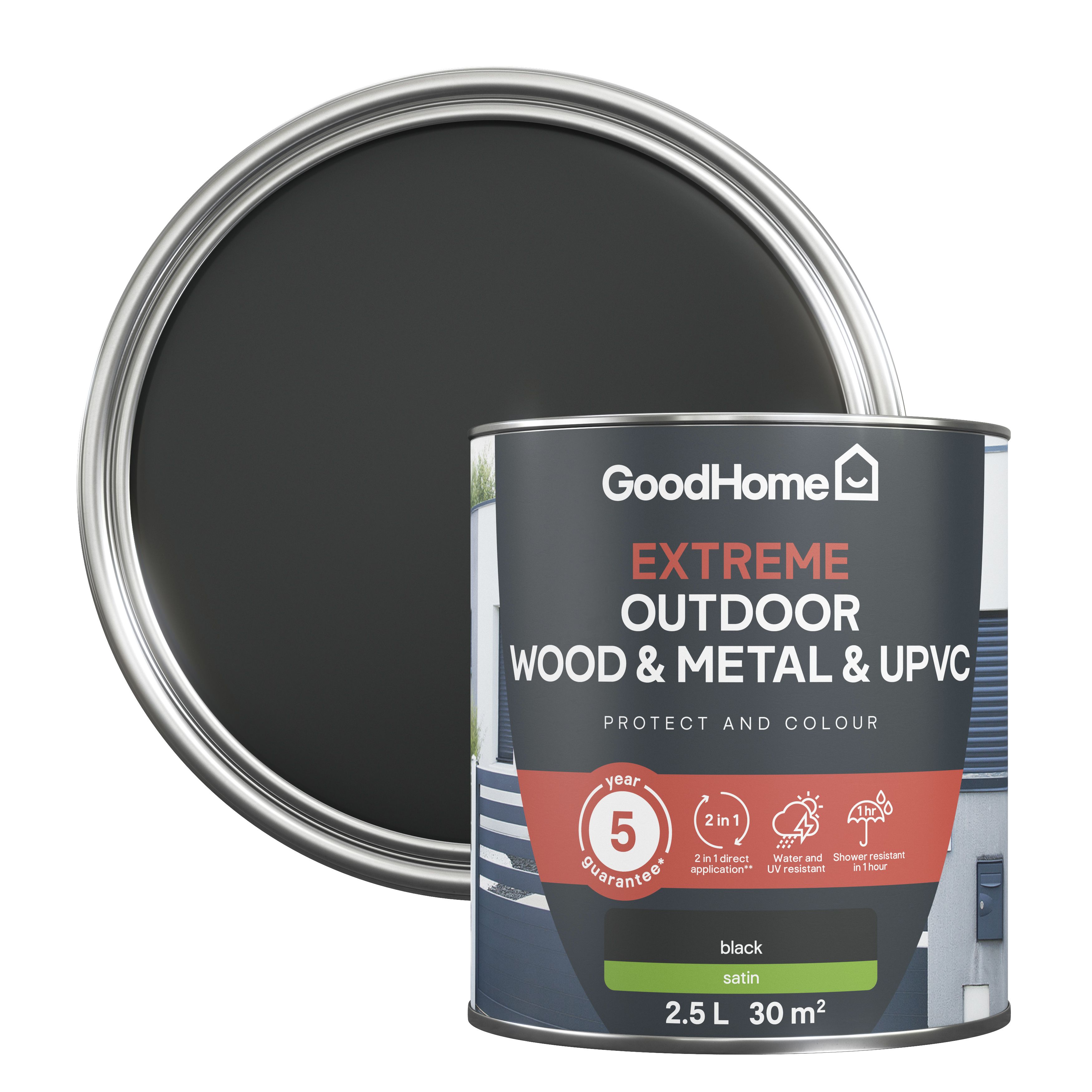 GoodHome Extreme Outdoor Black Satinwood Multi surface paint 2.5L