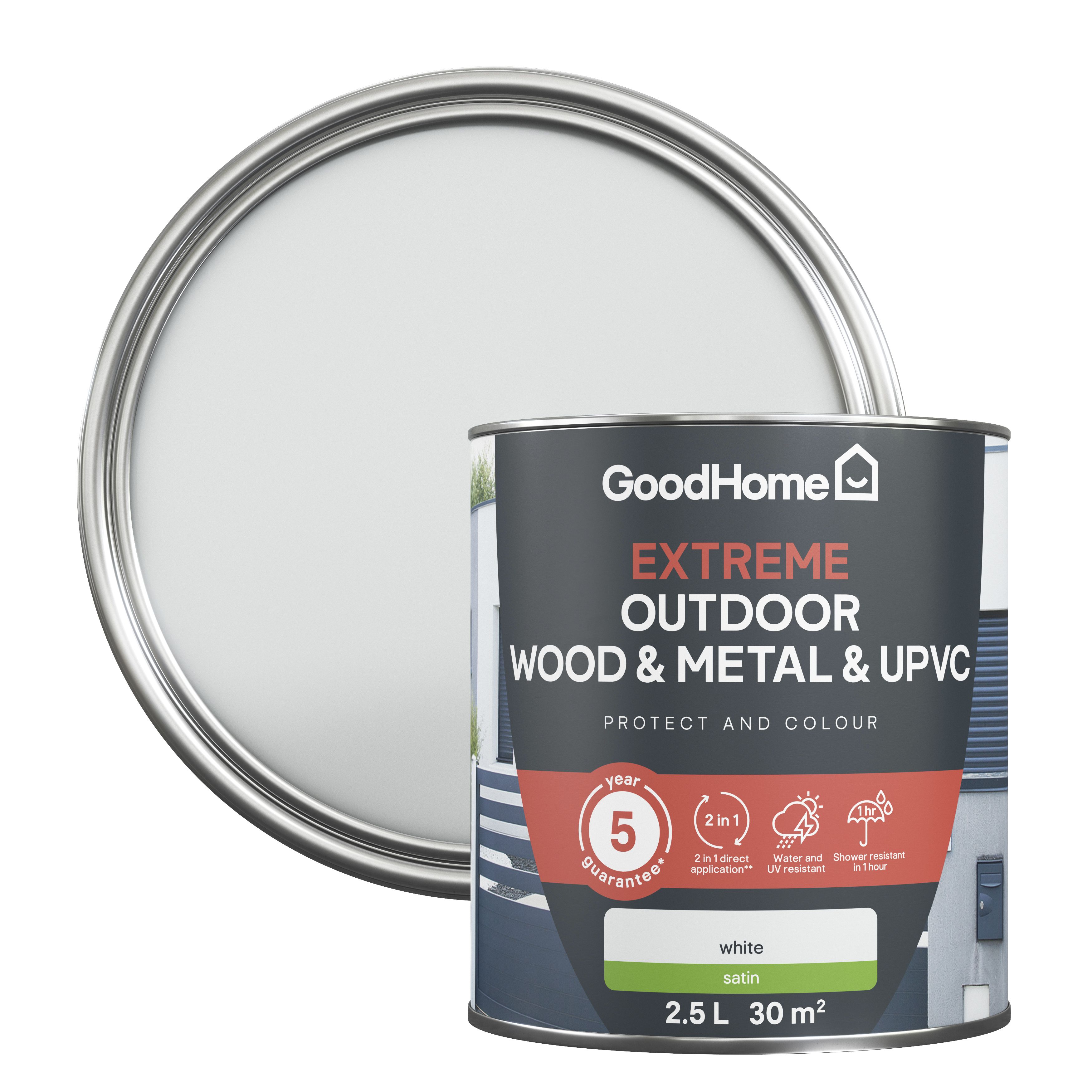 GoodHome Extreme Outdoor White Satinwood Multi-surface paint, 2.5L ...