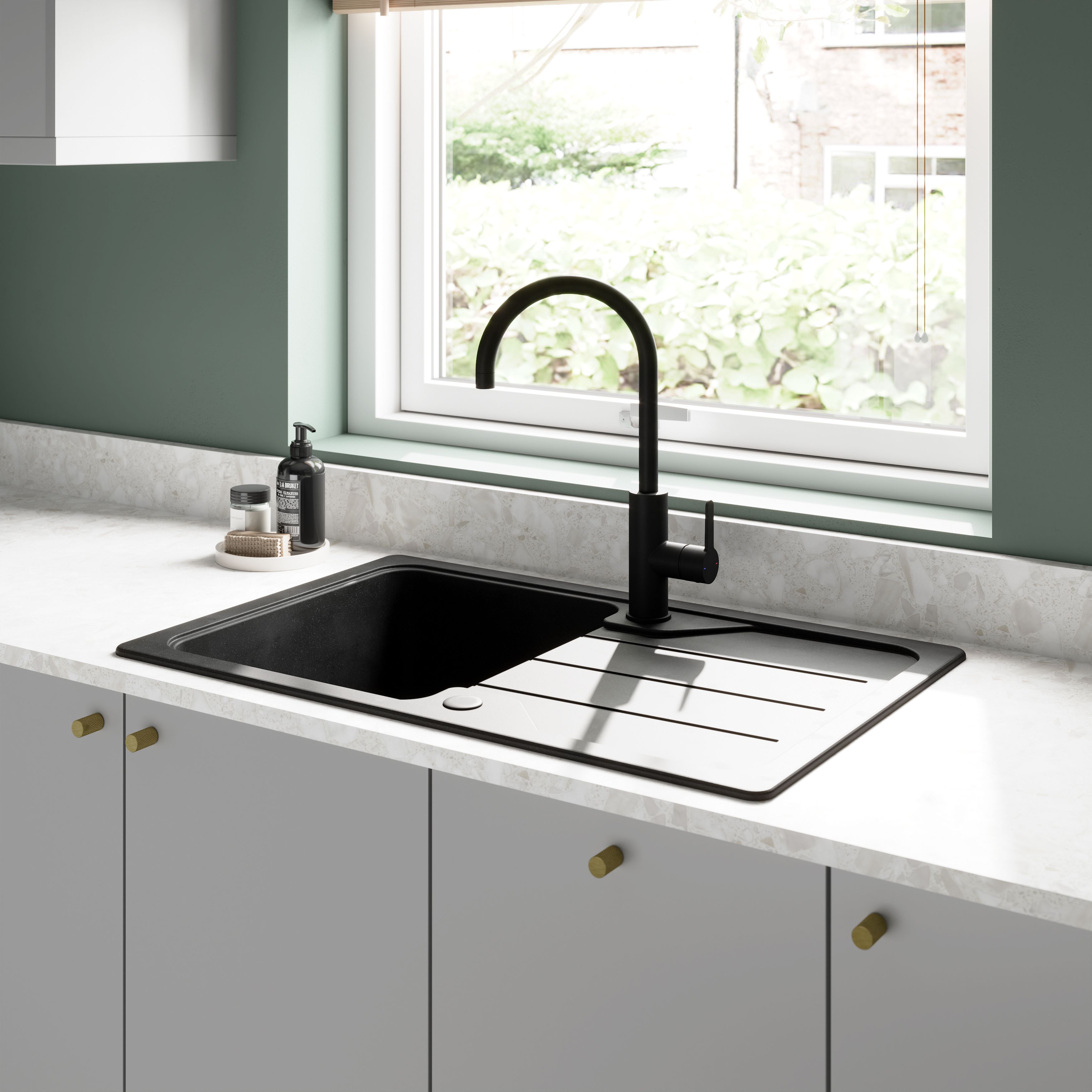 GoodHome Fatali Black Composite quartz 1 Bowl Sink & drainer 500mm x 780mm