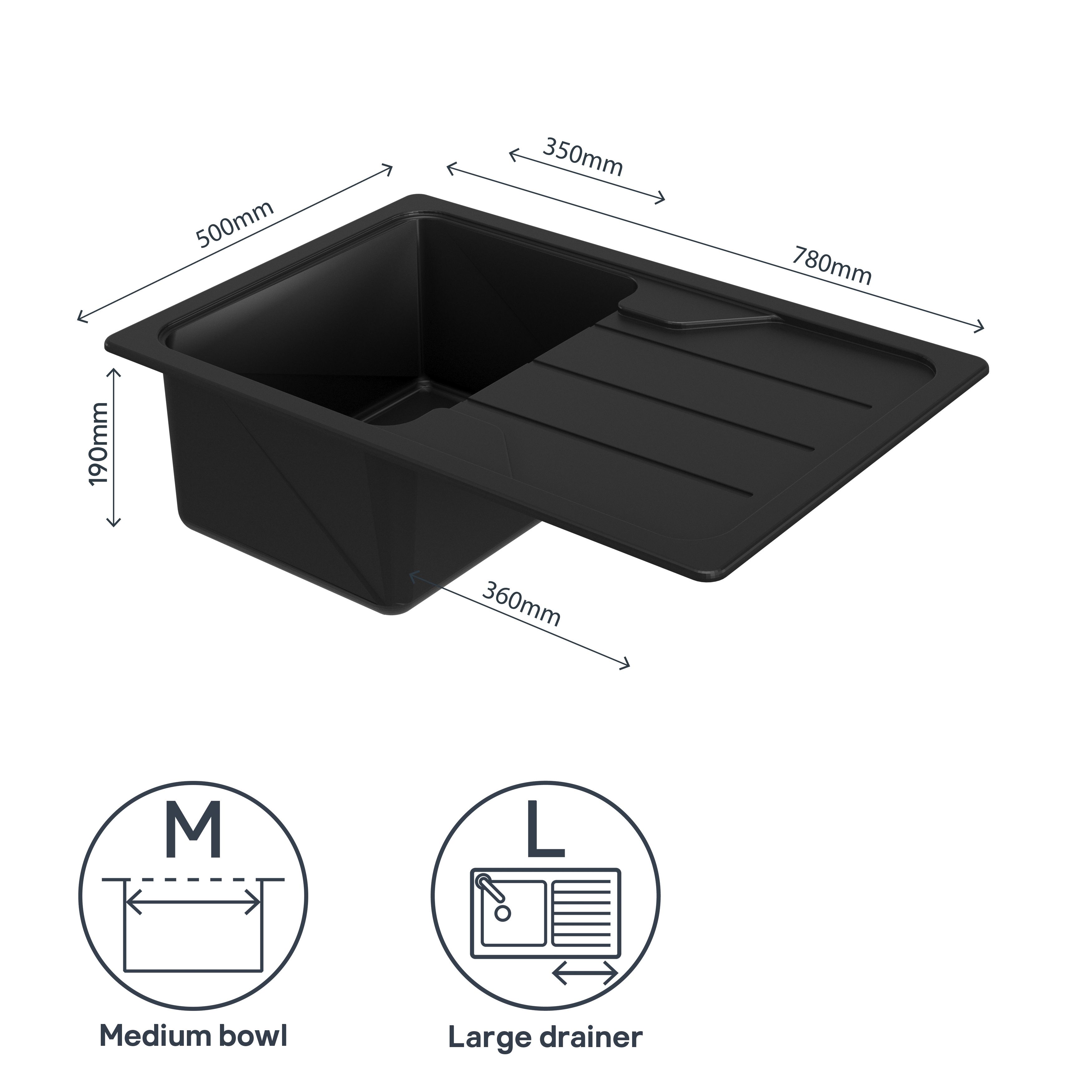 GoodHome Fatali Black Composite quartz 1 Bowl Sink & drainer 500mm x 780mm