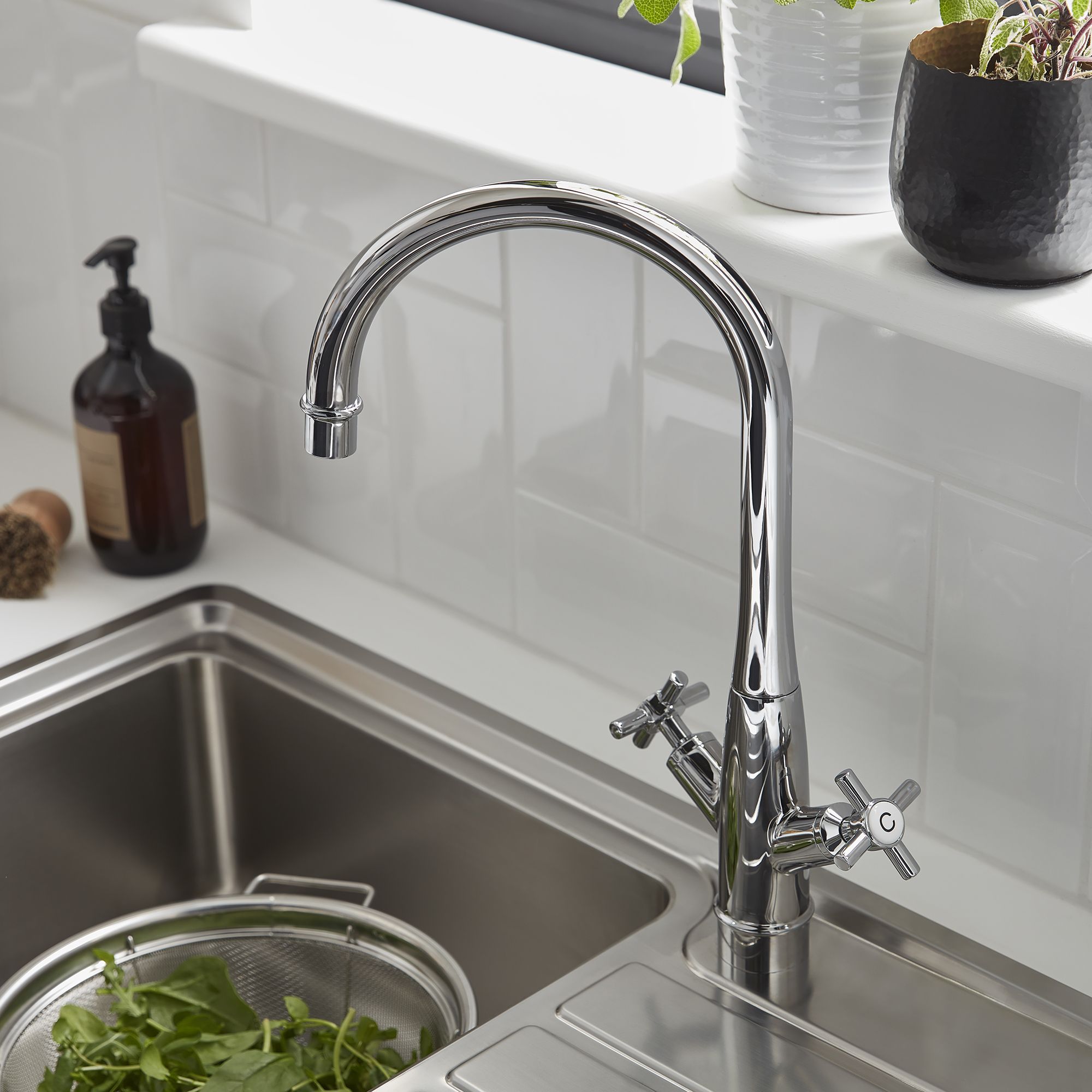 GoodHome Filbert Silver Chrome effect Kitchen Twin lever Tap