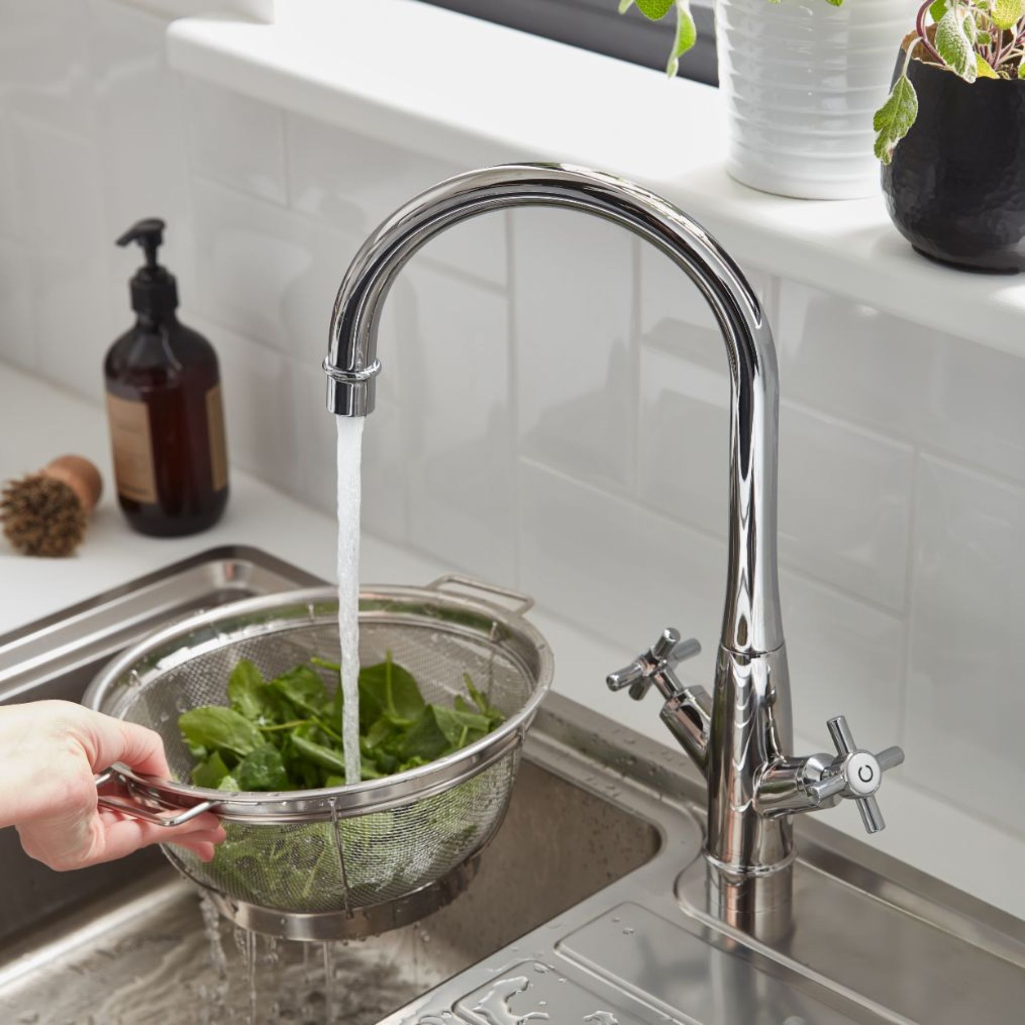 GoodHome Filbert Silver Chrome effect Kitchen Twin lever Tap