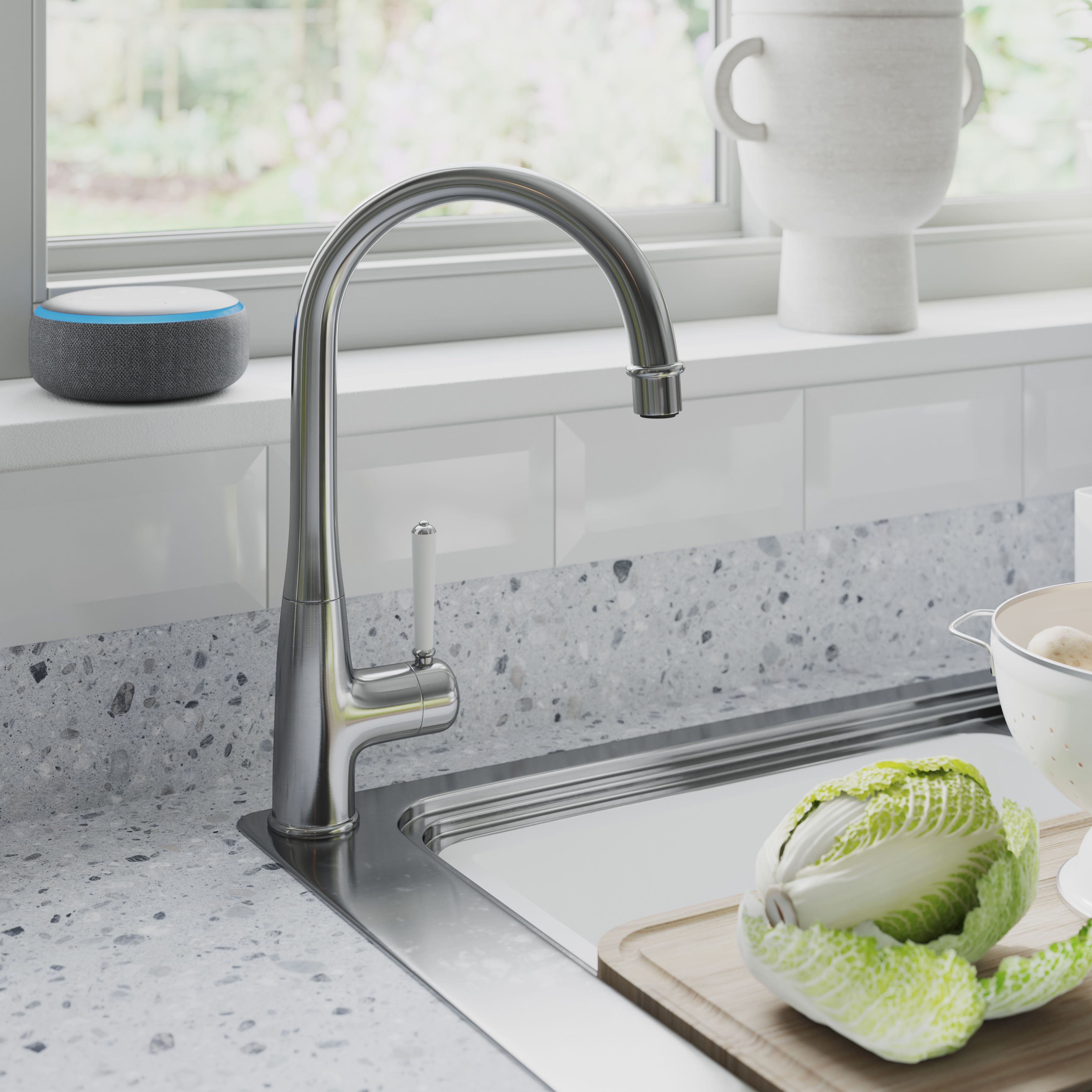 GoodHome Filbert Stainless steel effect Kitchen Side lever Tap