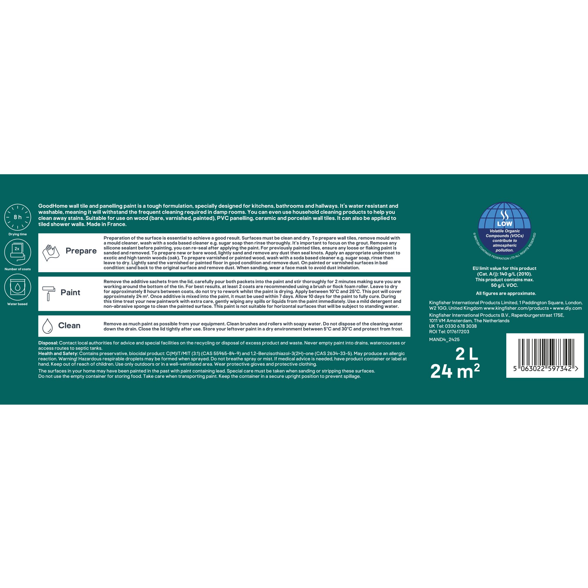 GoodHome Hamptons Matt Wall tile & panelling paint, 2L