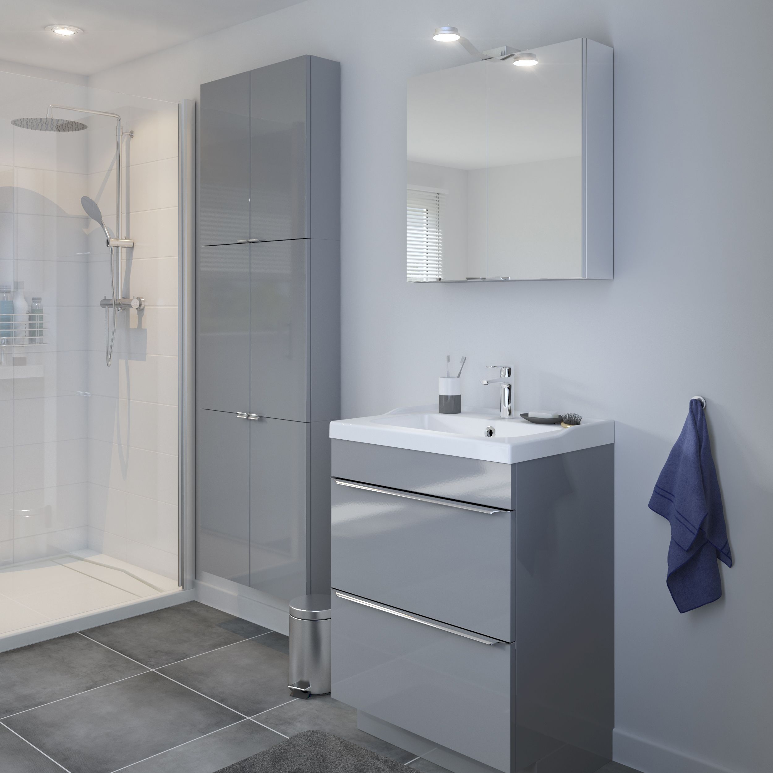 GoodHome Imandra Gloss Grey Freestanding Bathroom Cabinet H 820mm W 600mm