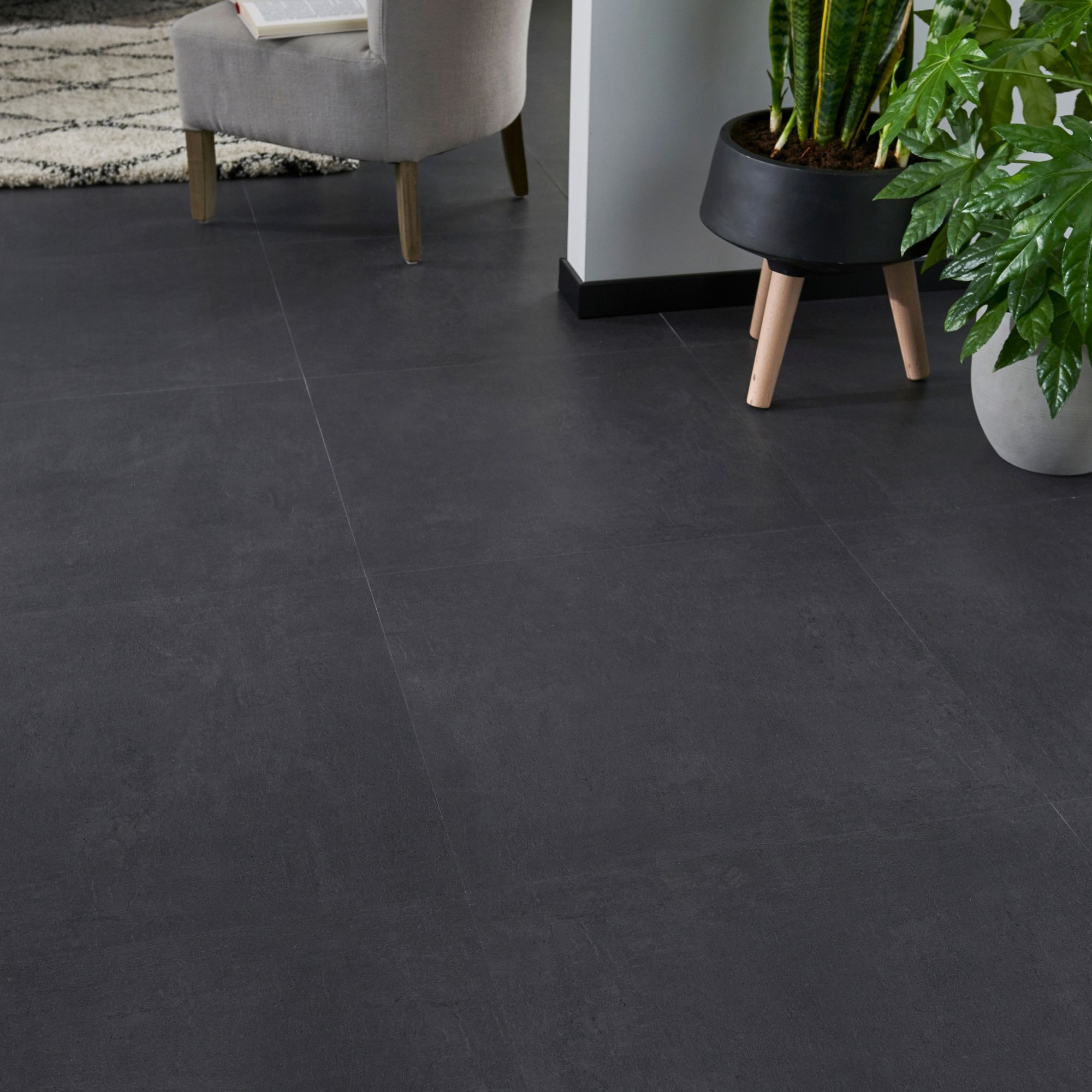 GoodHome Jazy Black Slate Stone tile effect Textured Click vinyl Tile