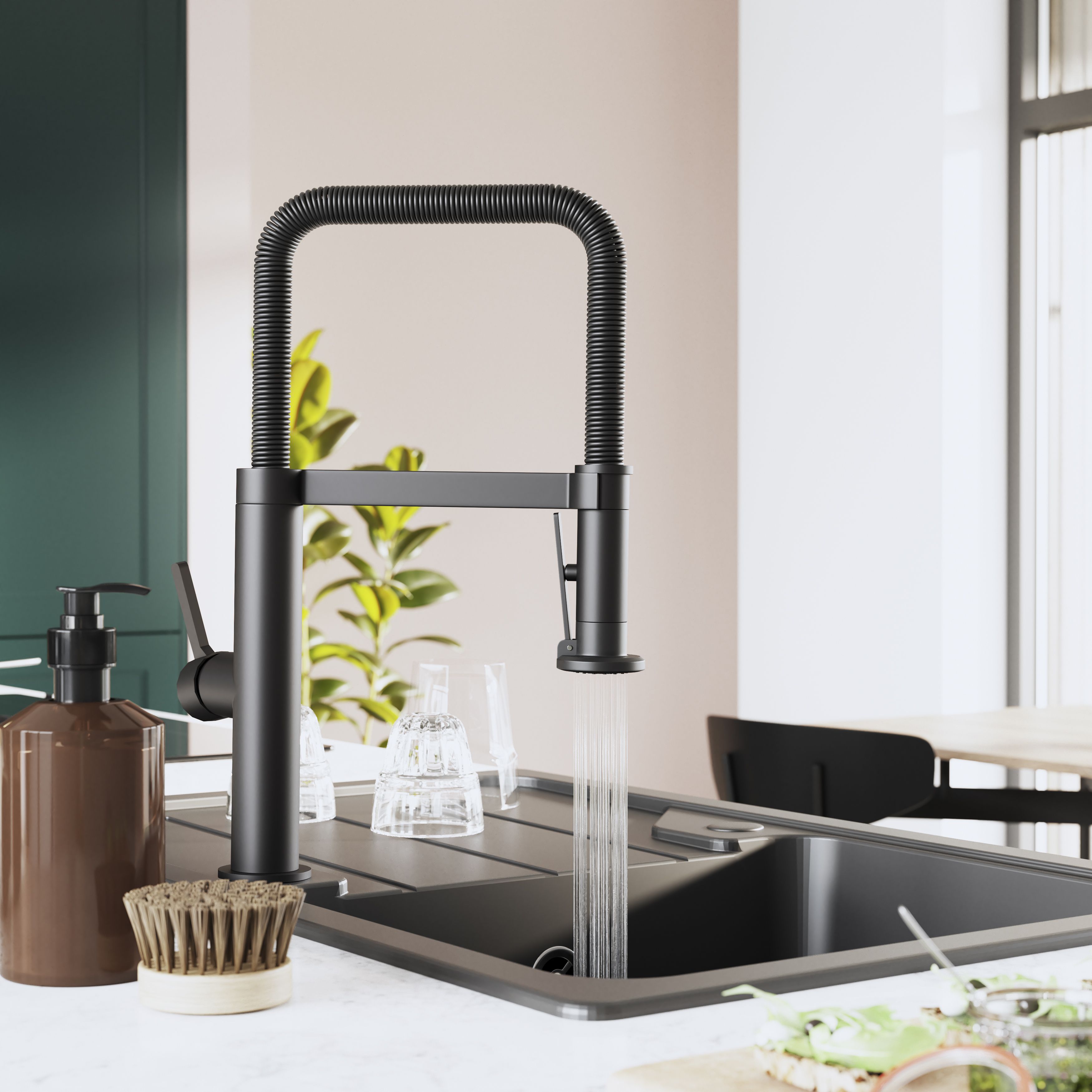 GoodHome Kamut Graphite effect Kitchen Side lever spring neck Tap
