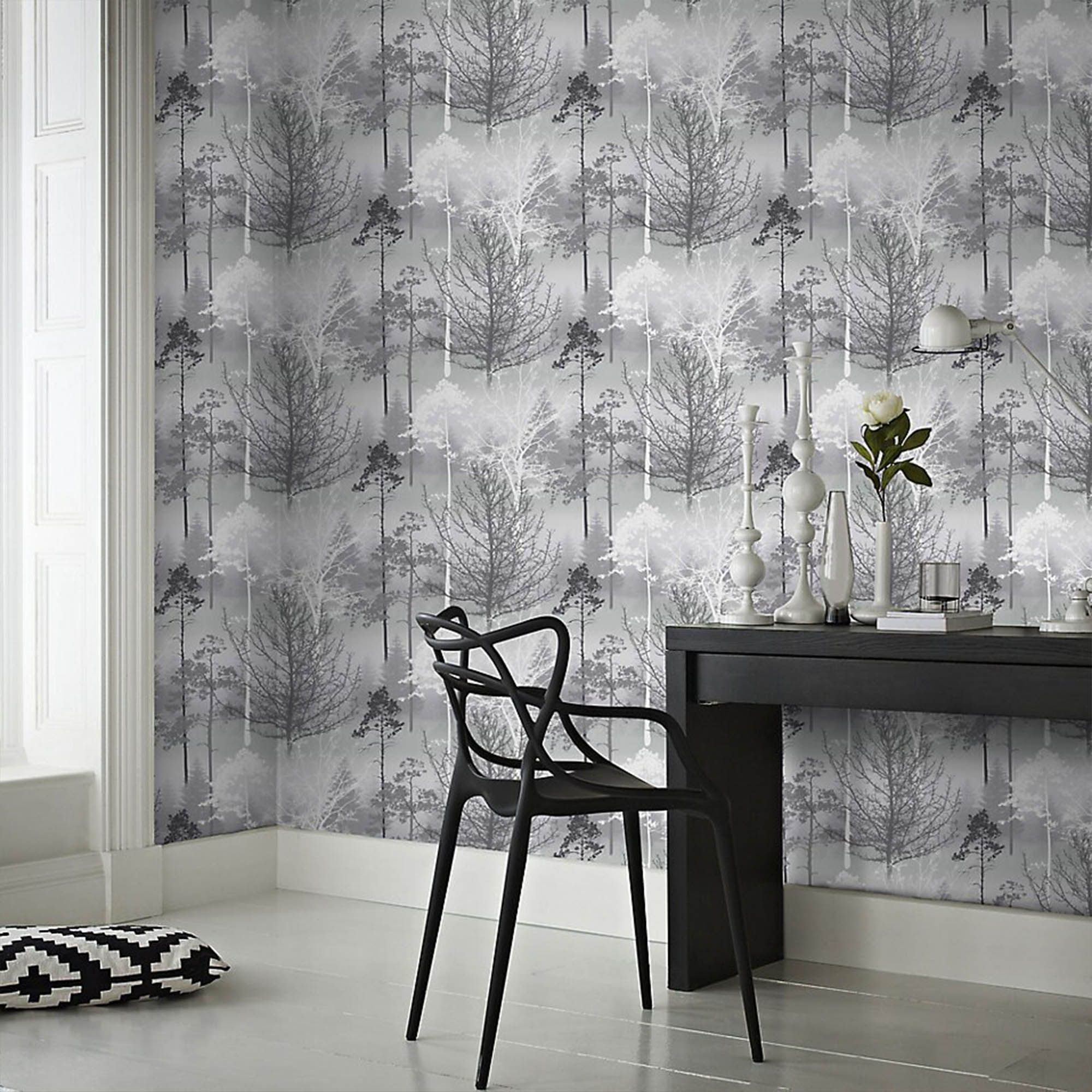 GoodHome Kitley Black & grey Metallic effect Trees Smooth Wallpaper