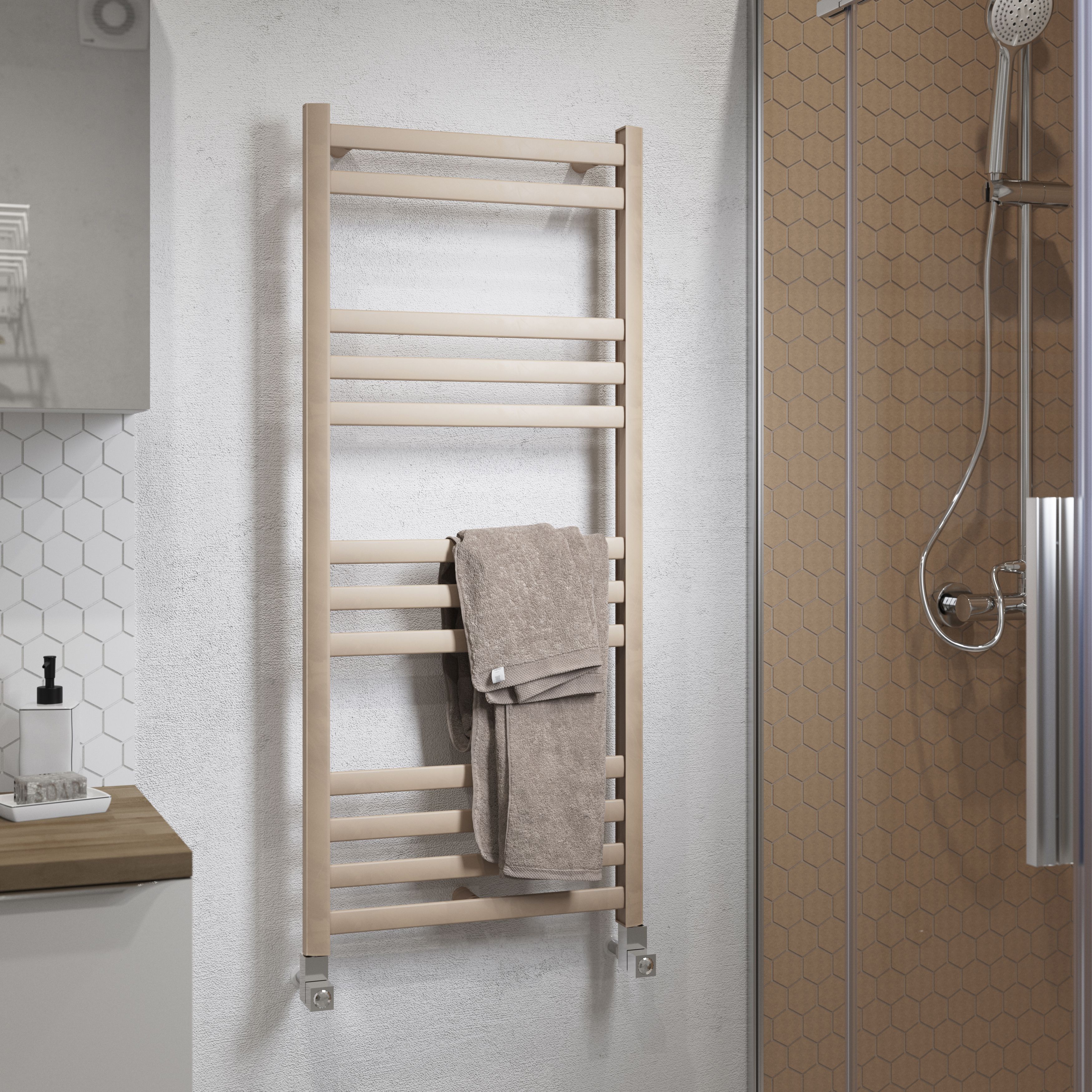 GoodHome Lansing Beige 1437BTU Vertical Towel radiator (W)475mm x (H)1100mm