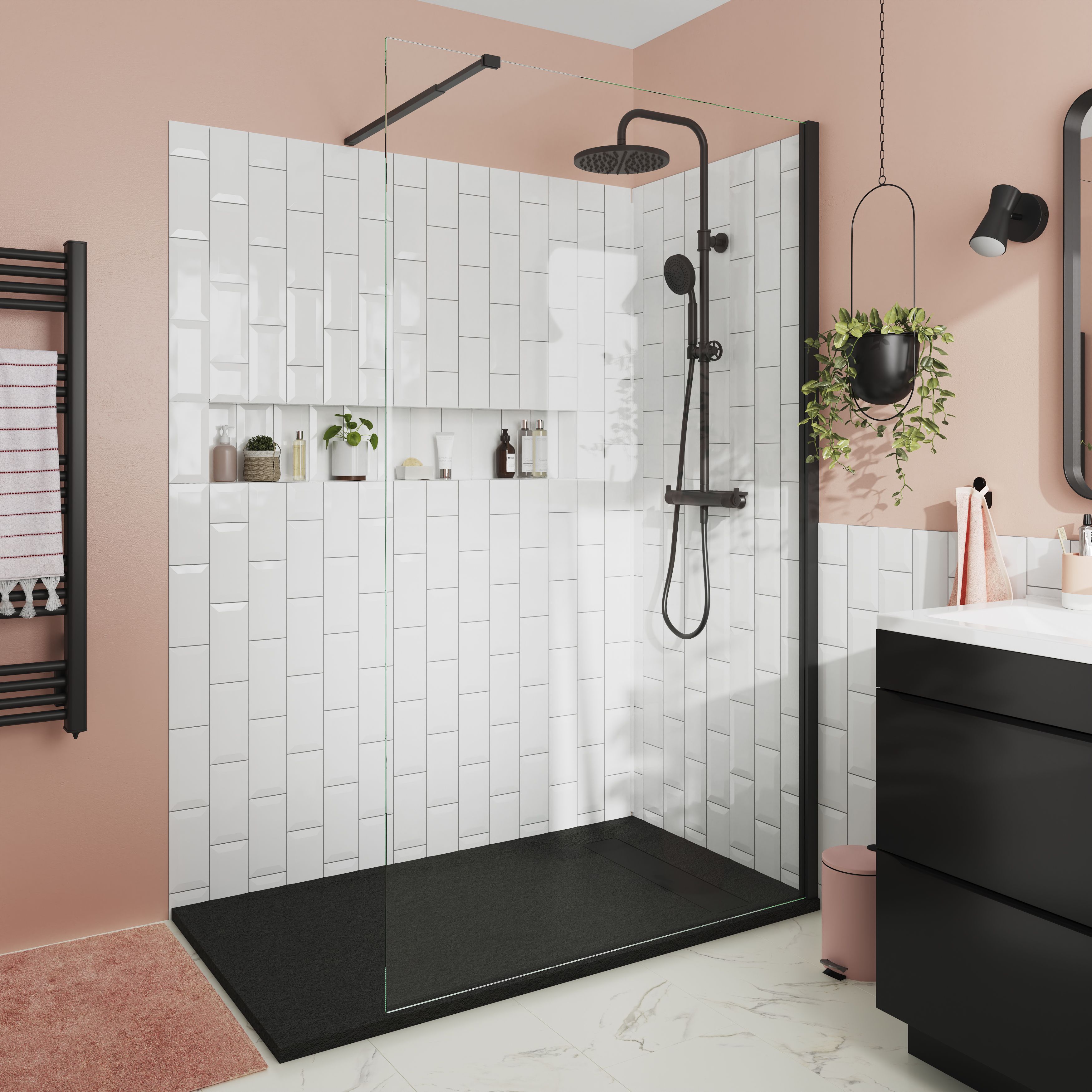 GoodHome Ledava Matt Black Clear Walk-in shower panel No design (H ...