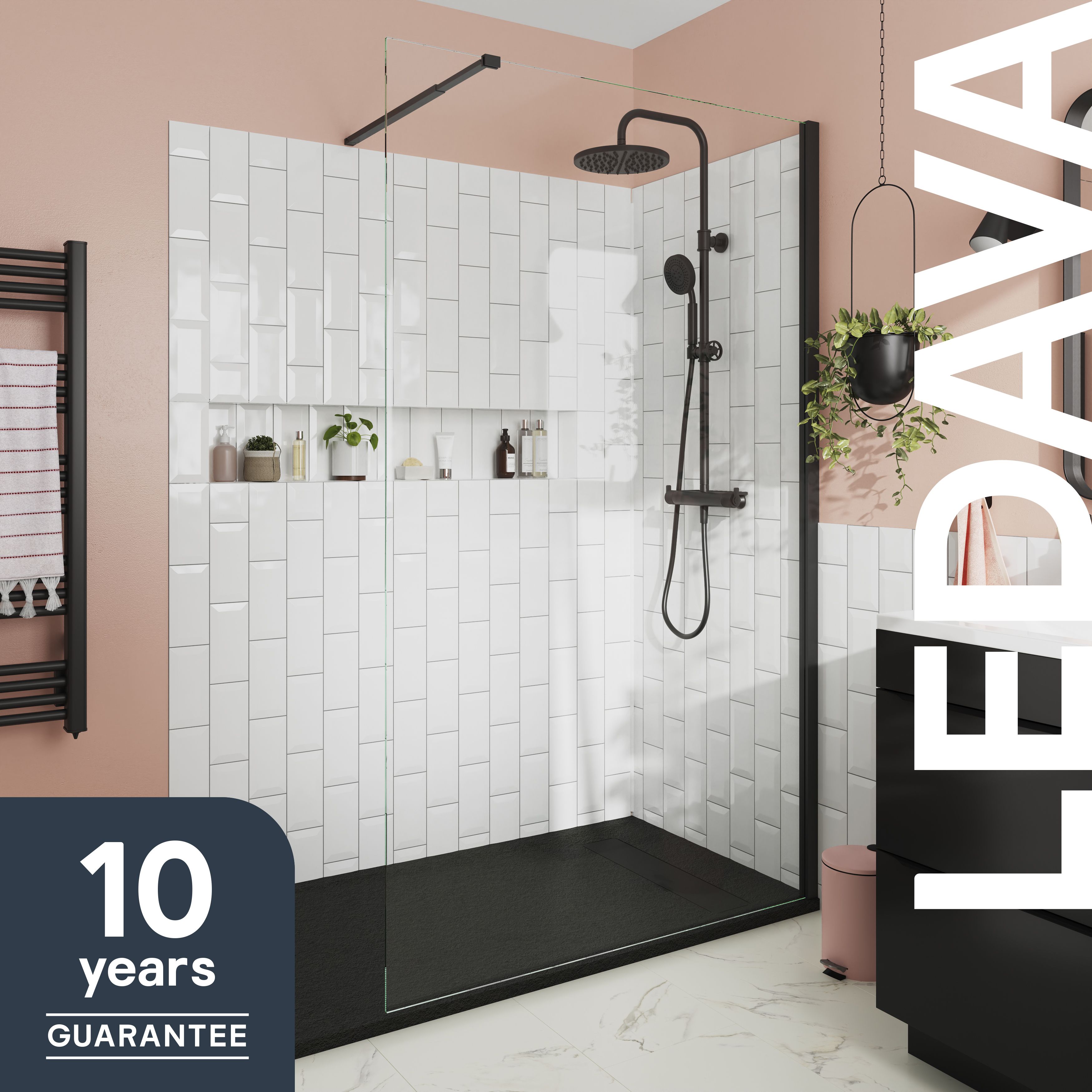 GoodHome Ledava Matt Black Textured Walk-in Wet room glass screen (H ...