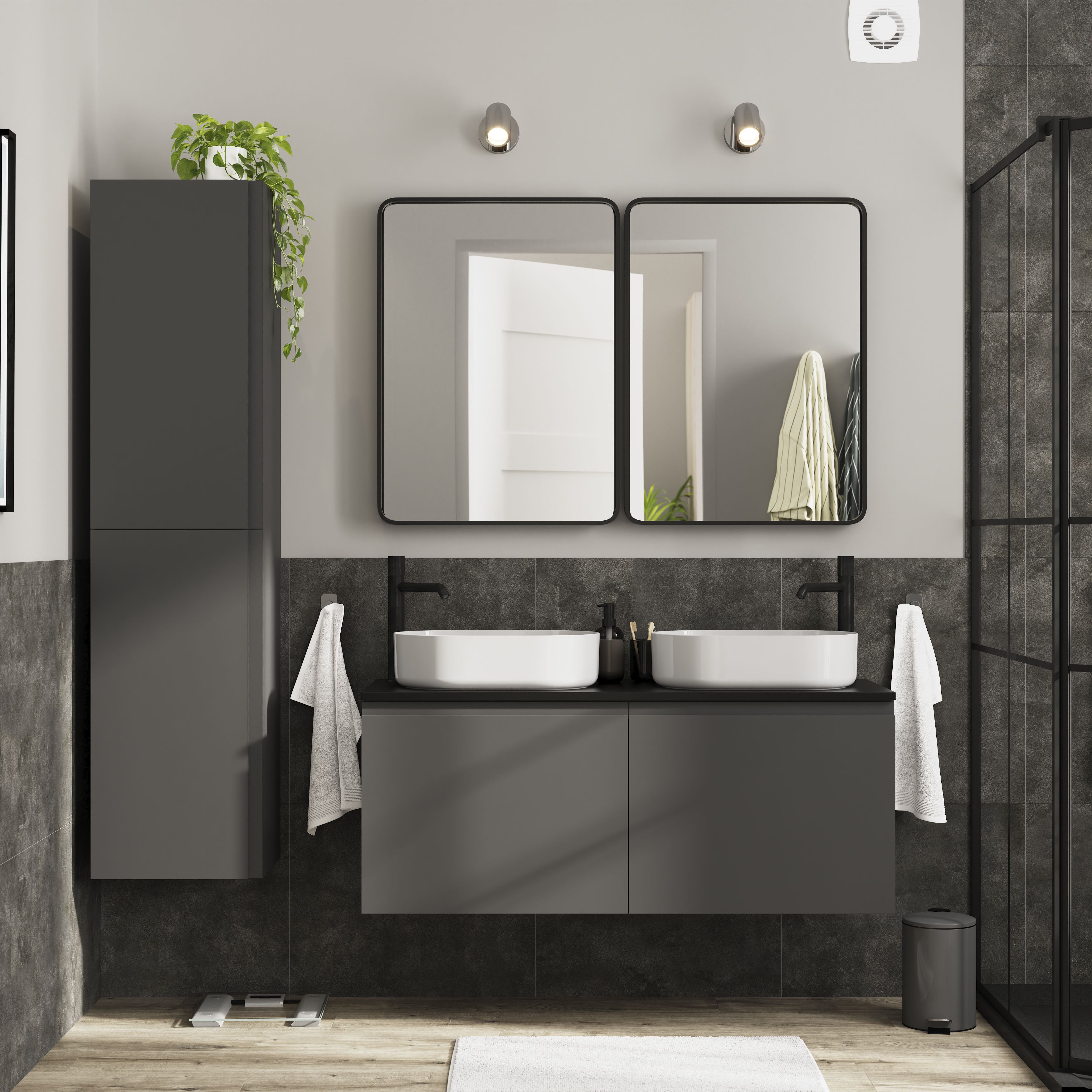 GoodHome Levanna Tall deep Matt Grey Bathroom Double Column cabinet (H ...