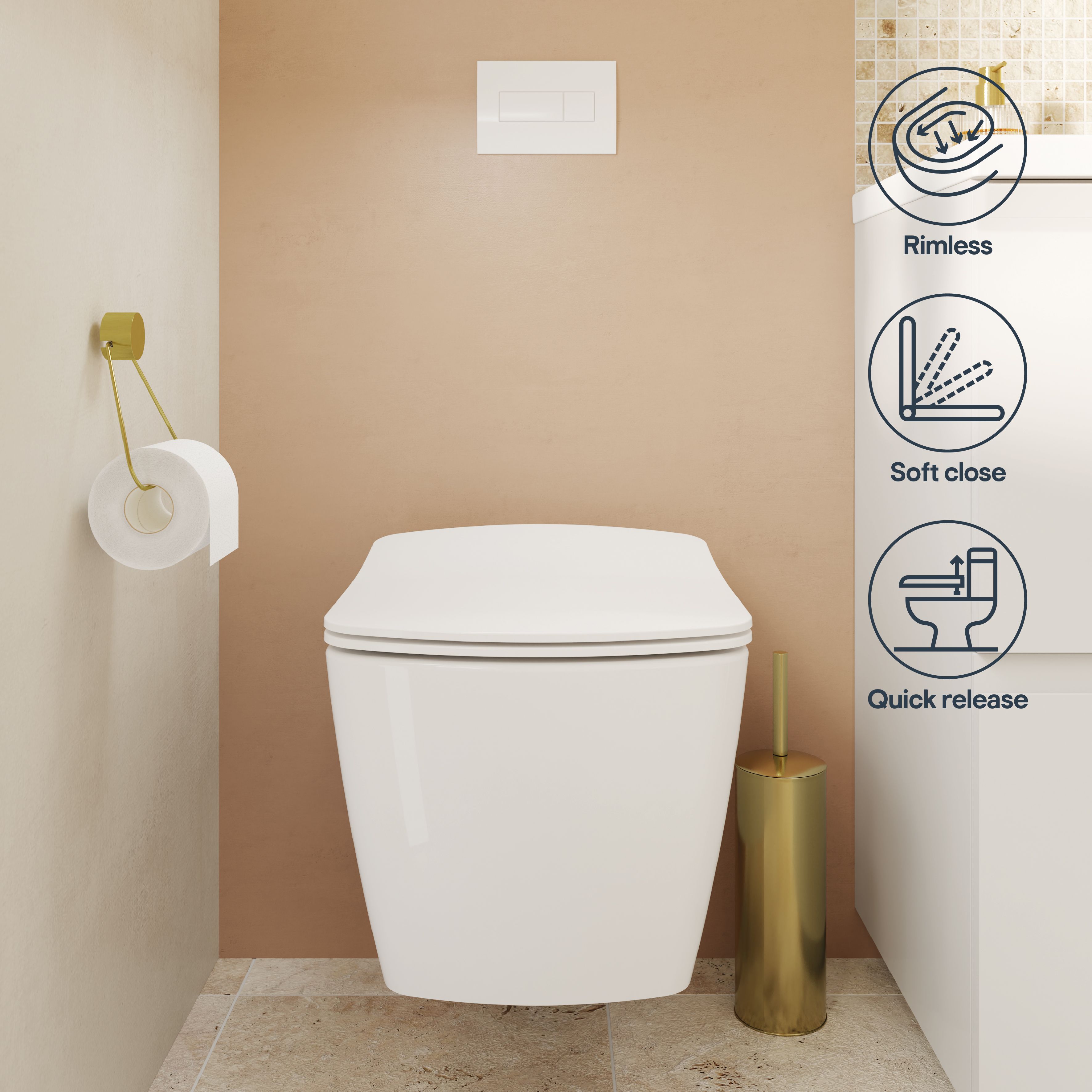 GoodHome Levanna White Rimless Wall hung Square Toilet pan with Soft ...