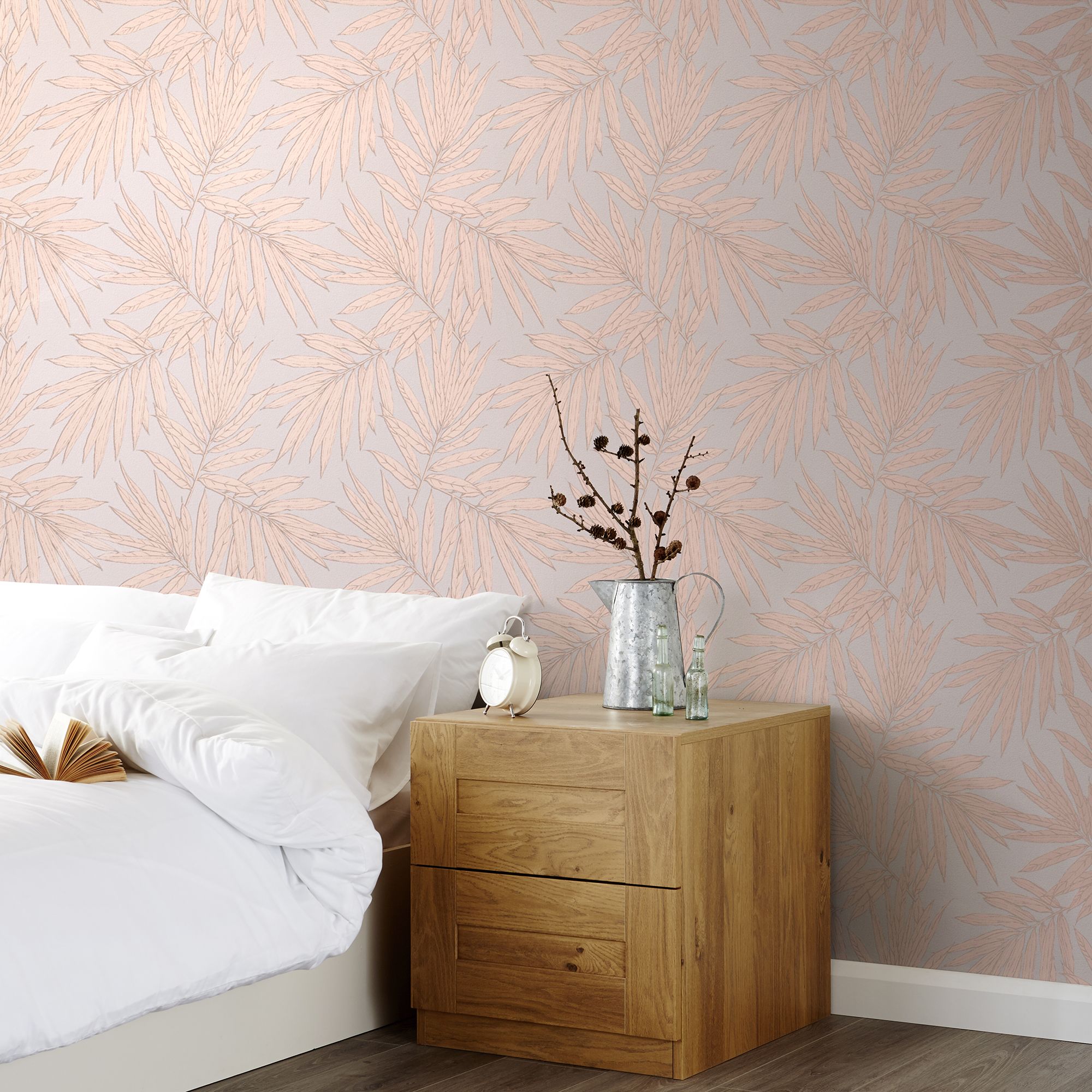 GoodHome Loroco Beige & pink Metallic effect Leaves Textured Wallpaper ...