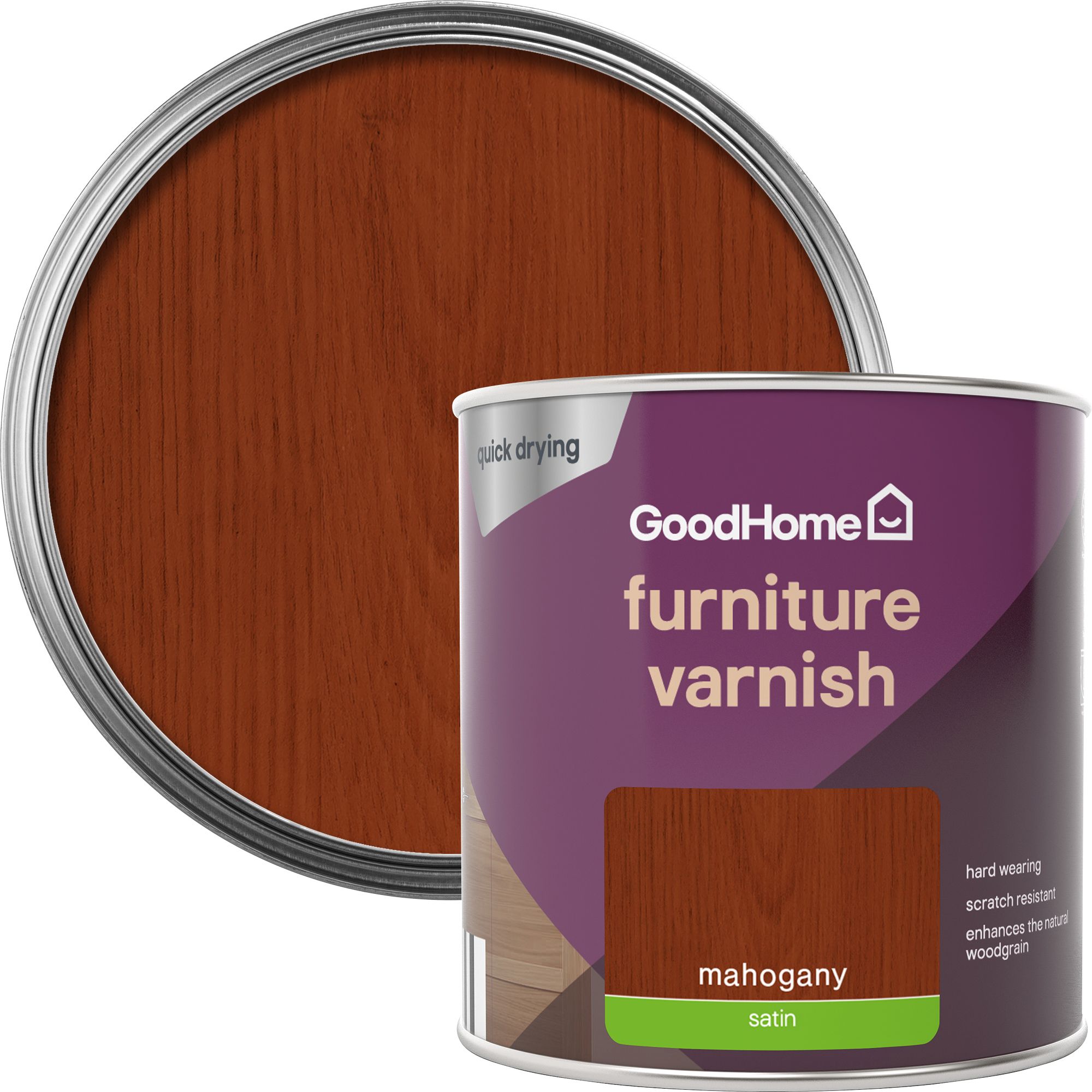 GoodHome Mahogany Satin Multi-surface Furniture Wood varnish, 250ml ...