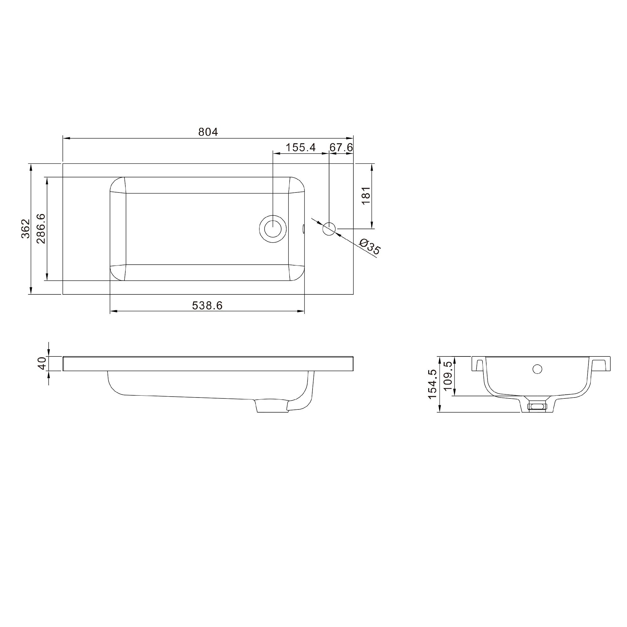 GoodHome Makonda White Rectangular Counter top Basin (W)80.4cm