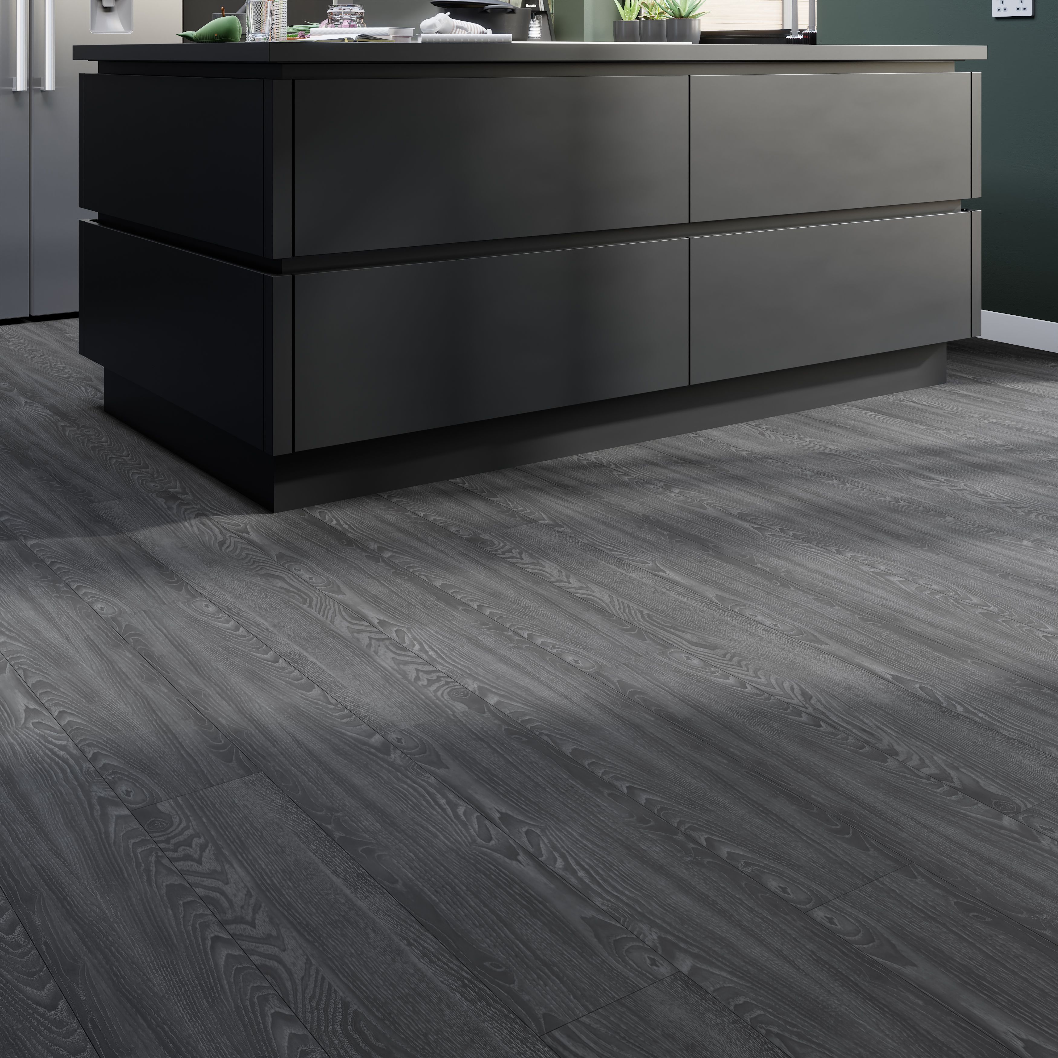 GoodHome Mambo Dark Grey Natural Wood effect Synchronised Click vinyl ...