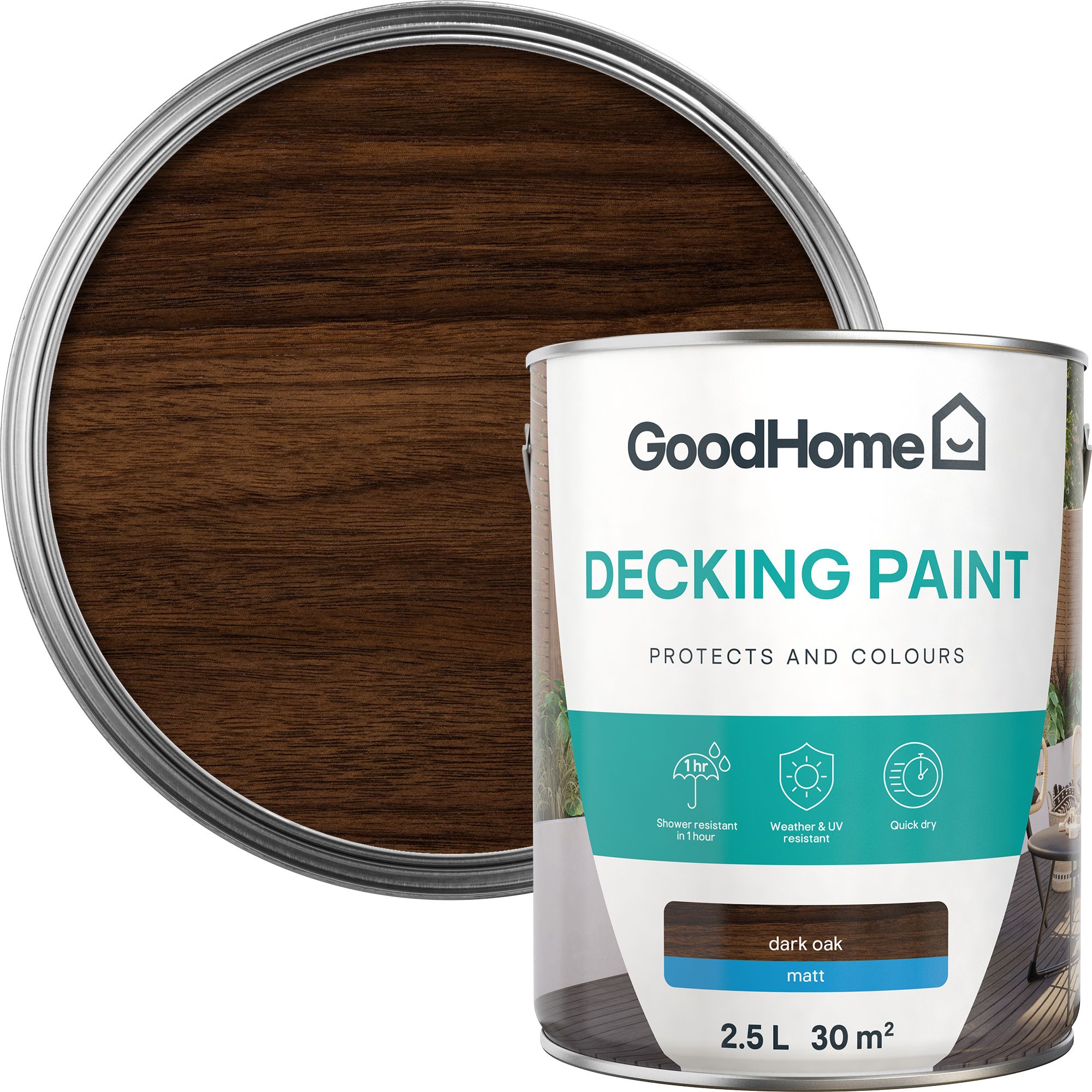 GoodHome Matt Dark Oak Decking paint, 2.5L