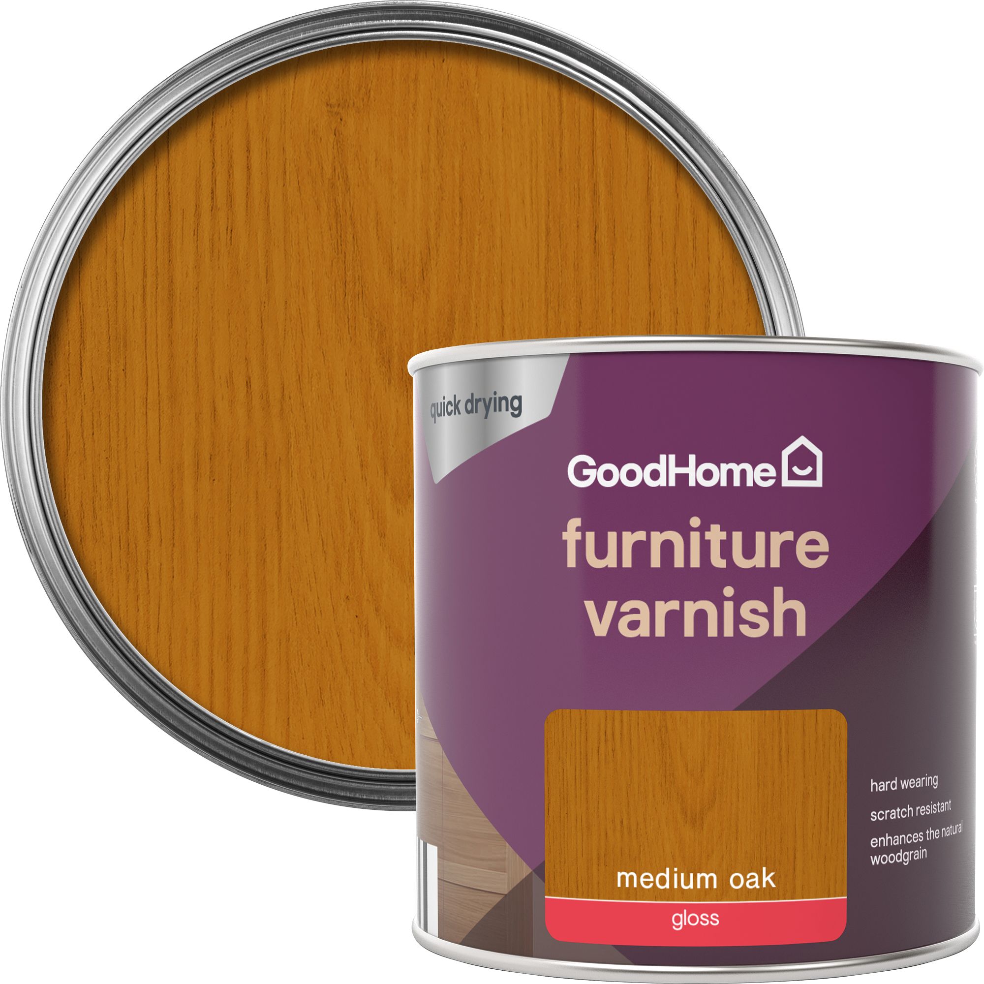GoodHome Medium Oak Gloss Multi-surface Furniture Wood varnish, 250ml ...