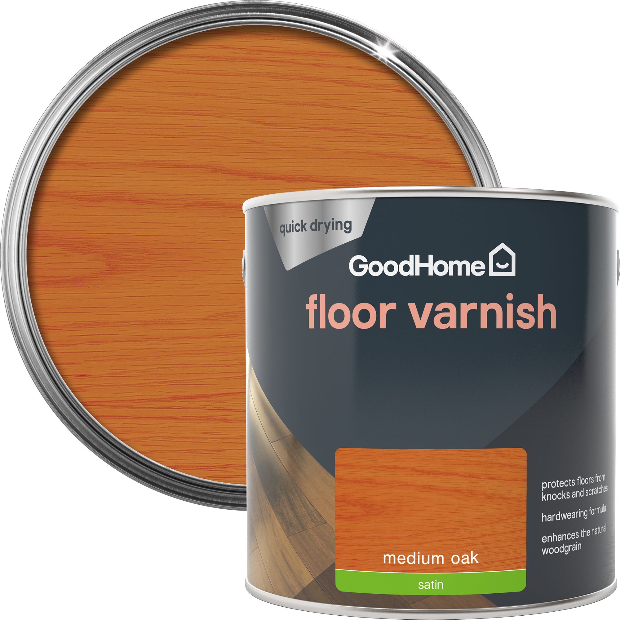 GoodHome Medium Oak Satin Floor Wood varnish, 2.5L | DIY at B&Q