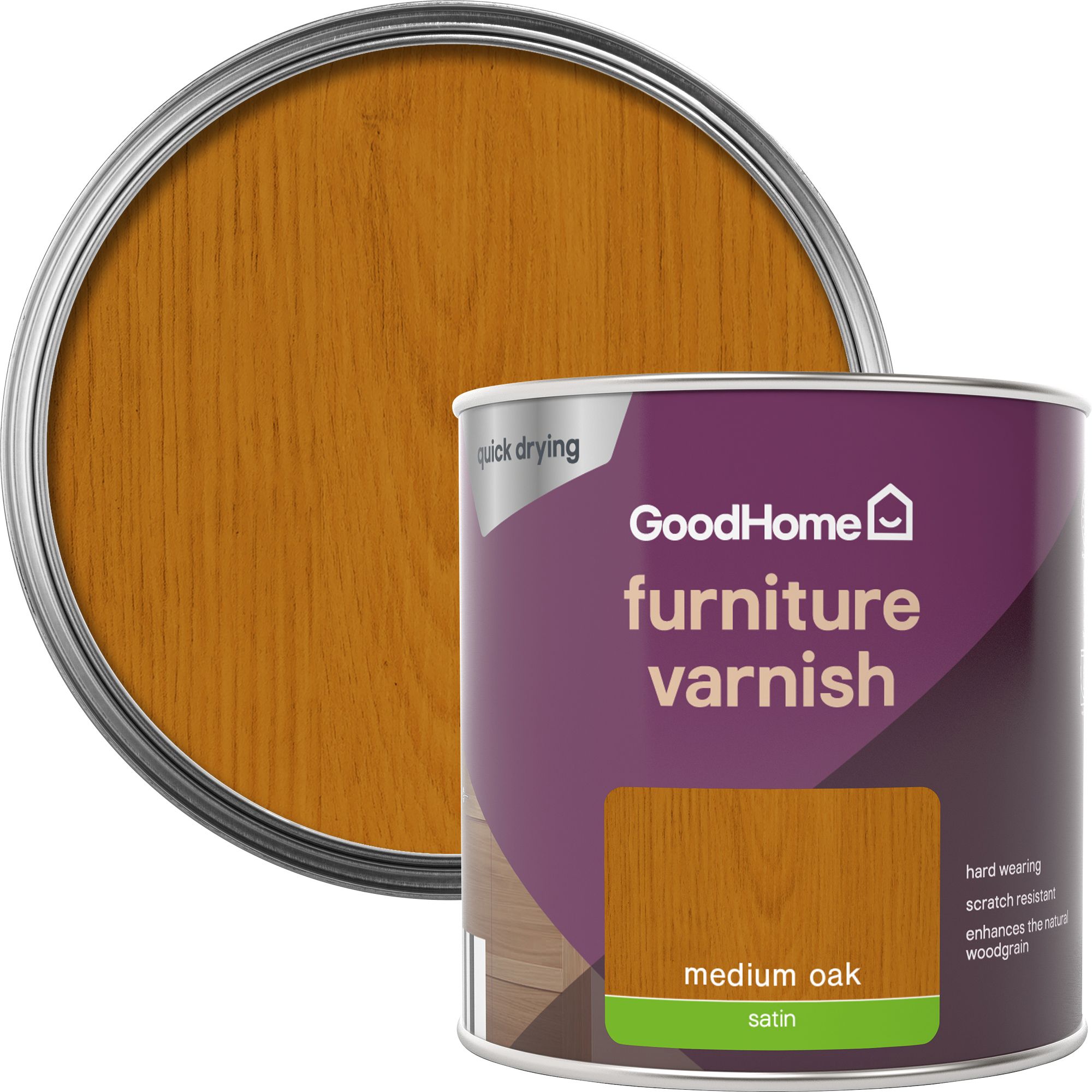 GoodHome Medium Oak Satin Multi-surface Furniture Wood varnish, 250ml ...