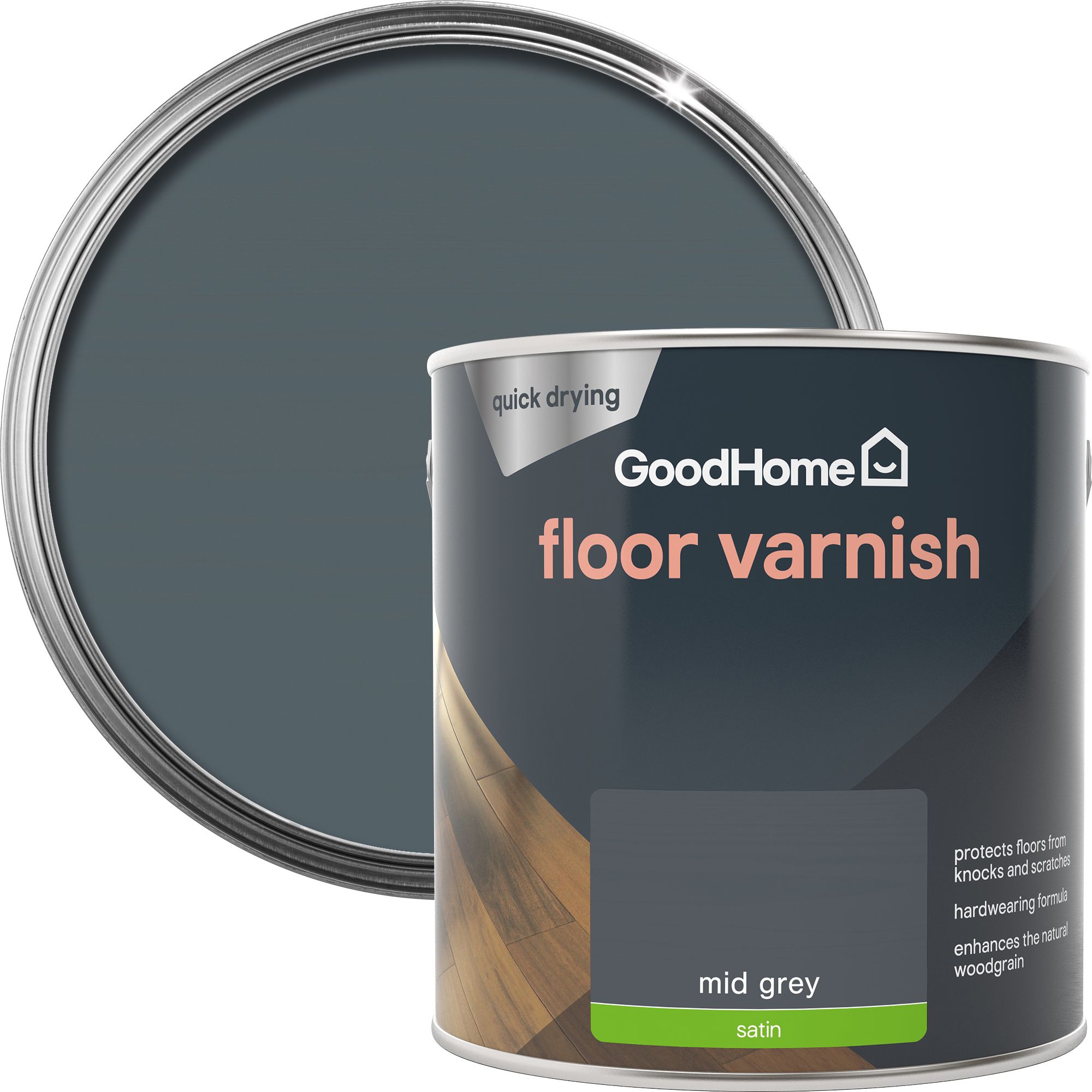 GoodHome Mid Grey Satin Floor Wood varnish, 2.5L | DIY at B&Q