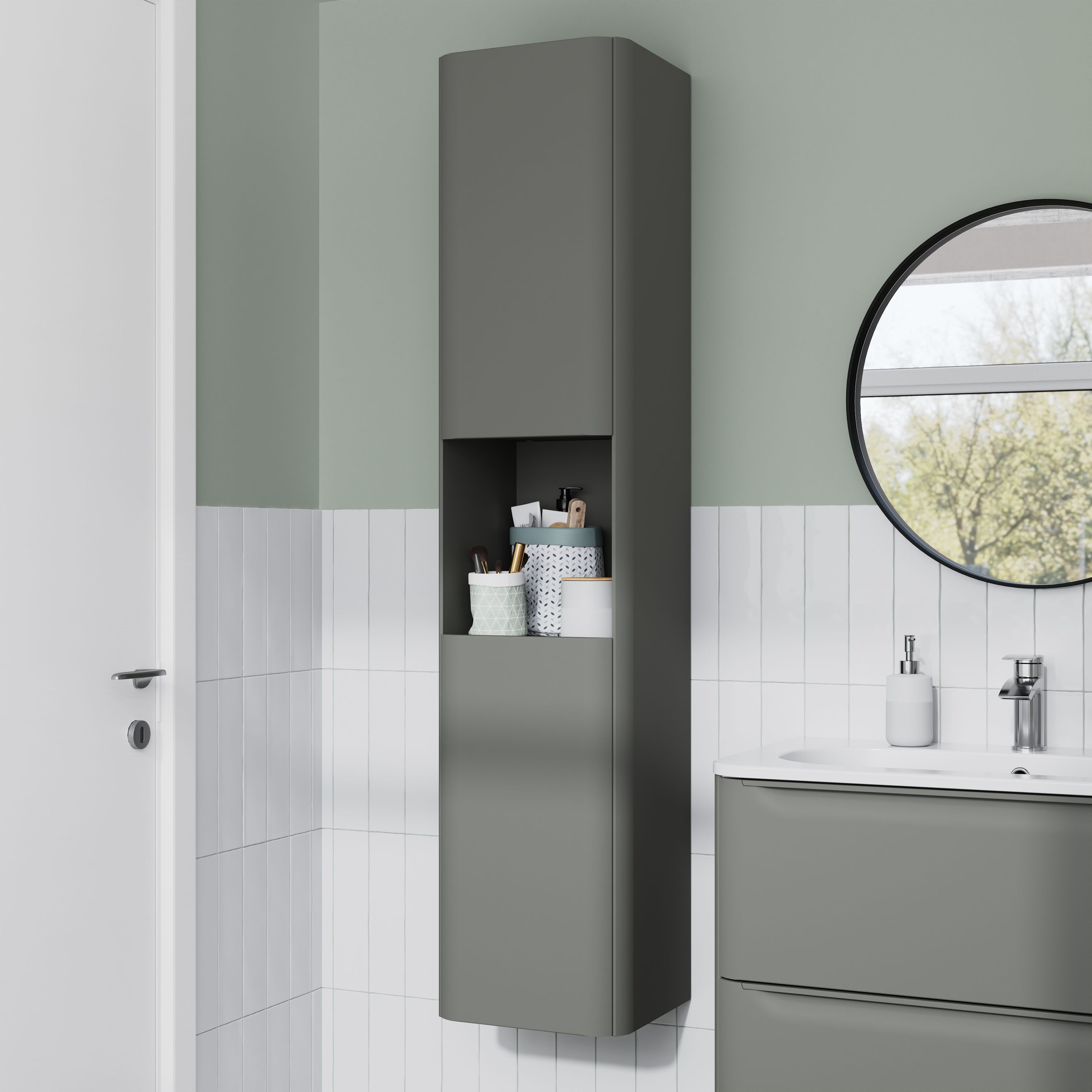 GoodHome Nevado Tall Matt Green Bathroom Double Column cabinet (H)160cm ...