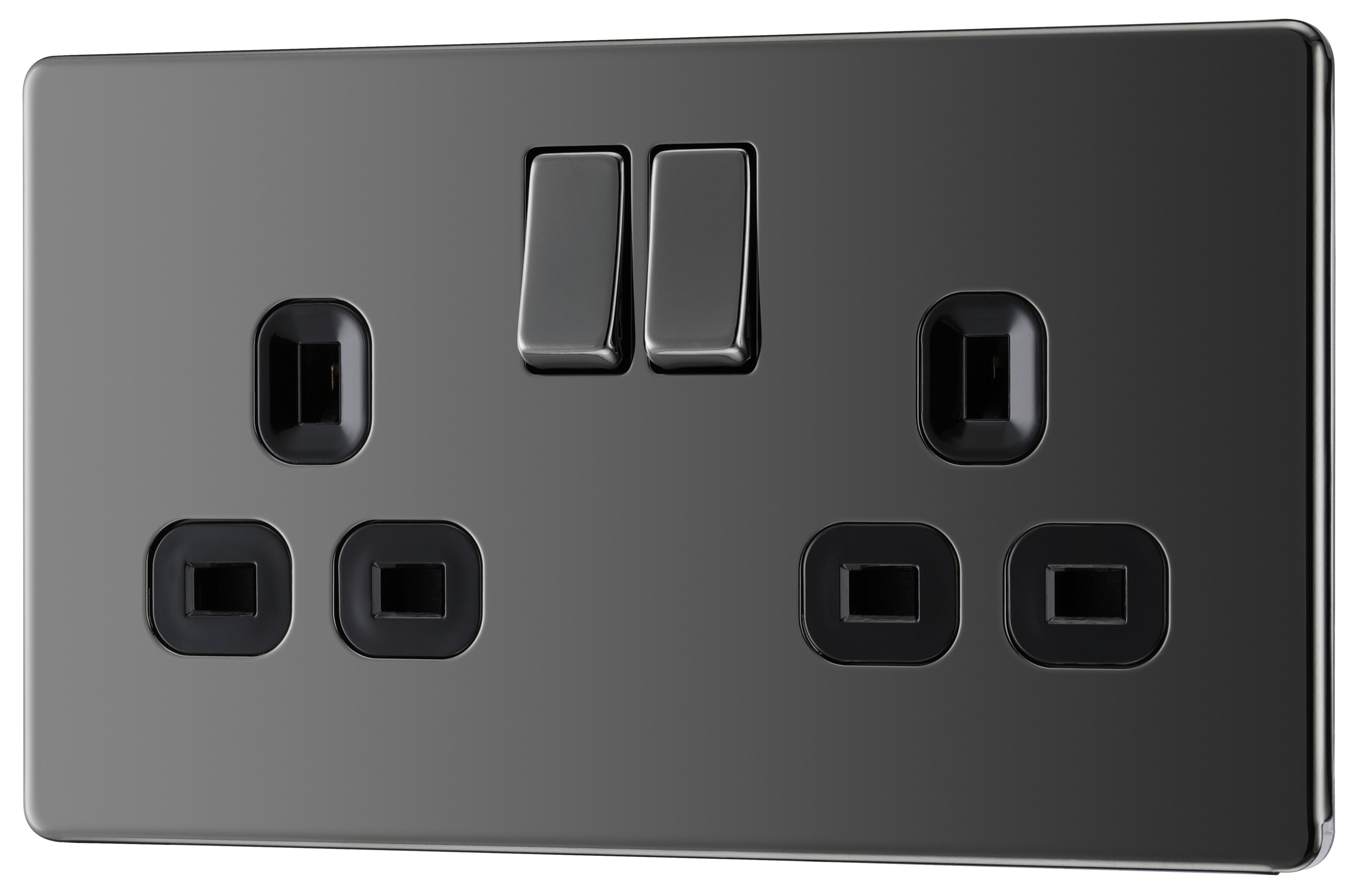 GoodHome Nickel effect Double 13A Gloss Black Socket 2 poles at B&Q