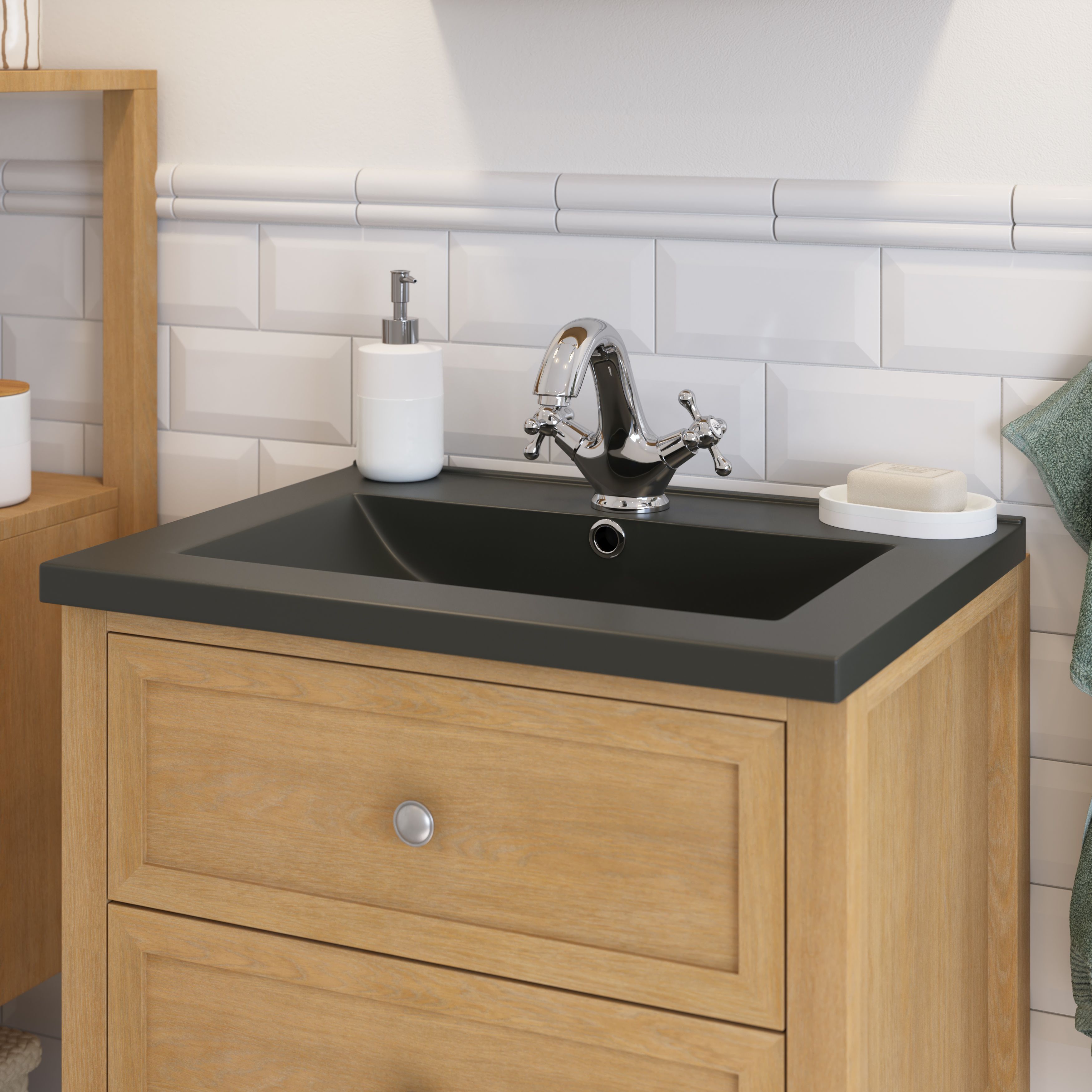 GoodHome Nira Matt Black Rectangular Vanity Basin (W)61.3cm