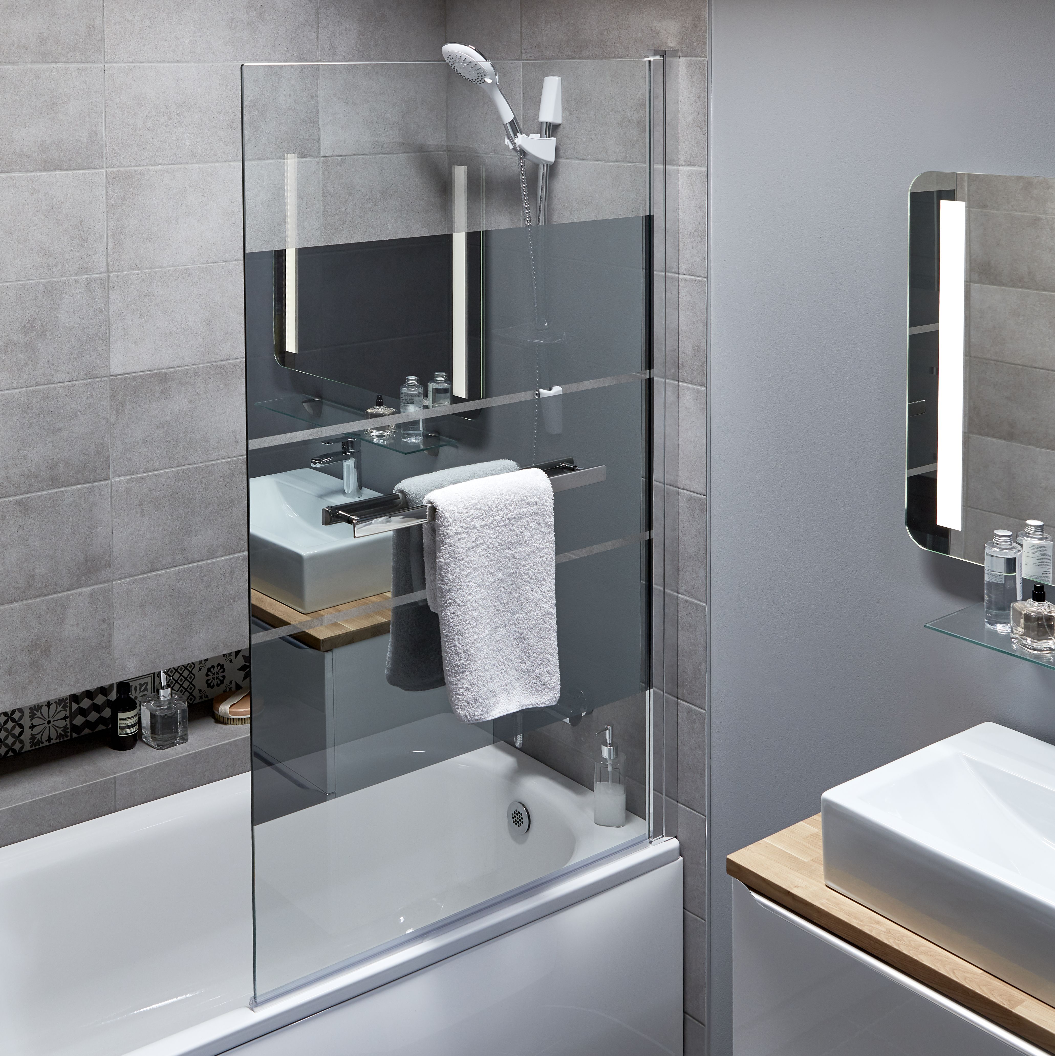 GoodHome Nubia Straight 1 panel Clear glass Silver effect frame Bath ...