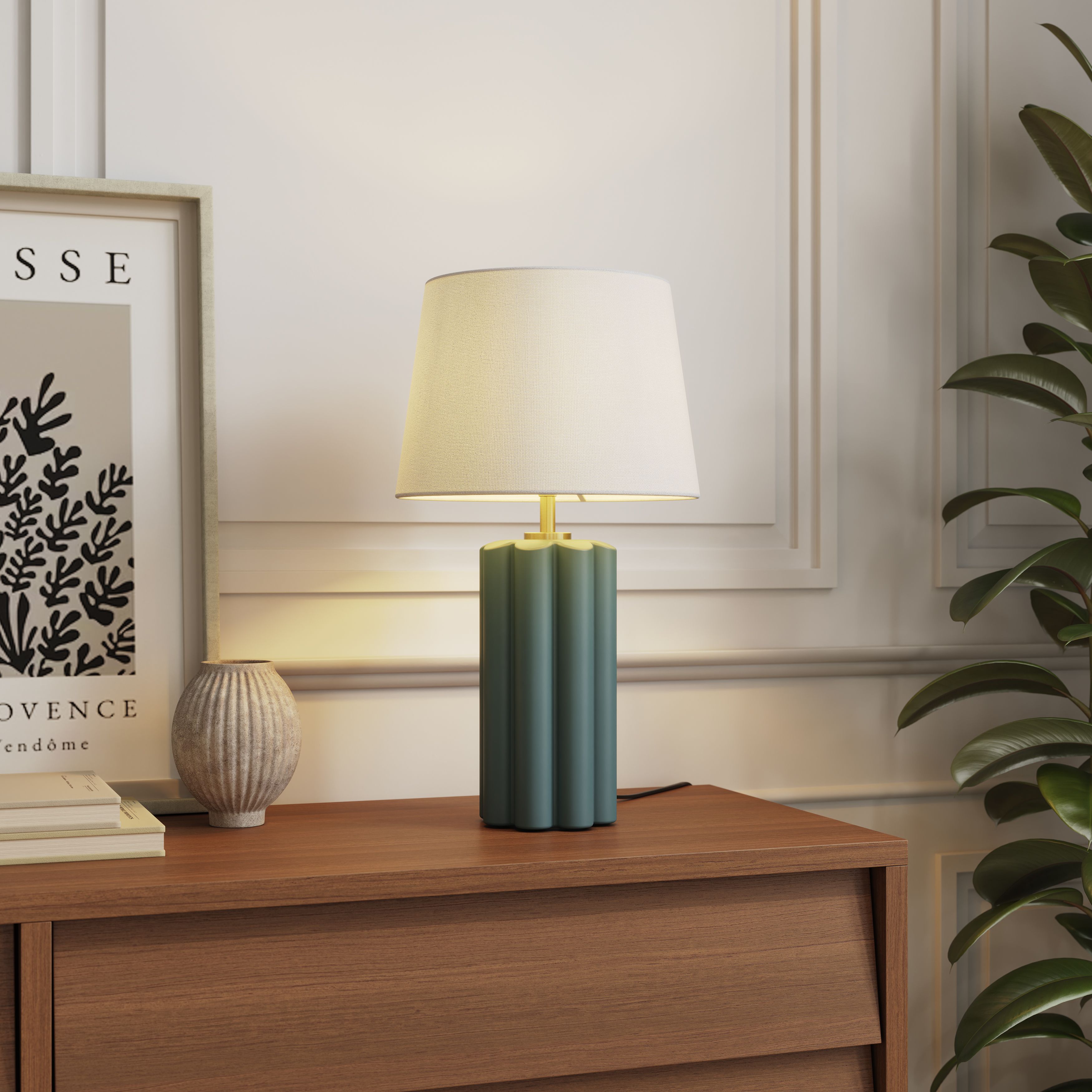GoodHome Nuneaton Green & white Antique brass effect Straight Table lamp