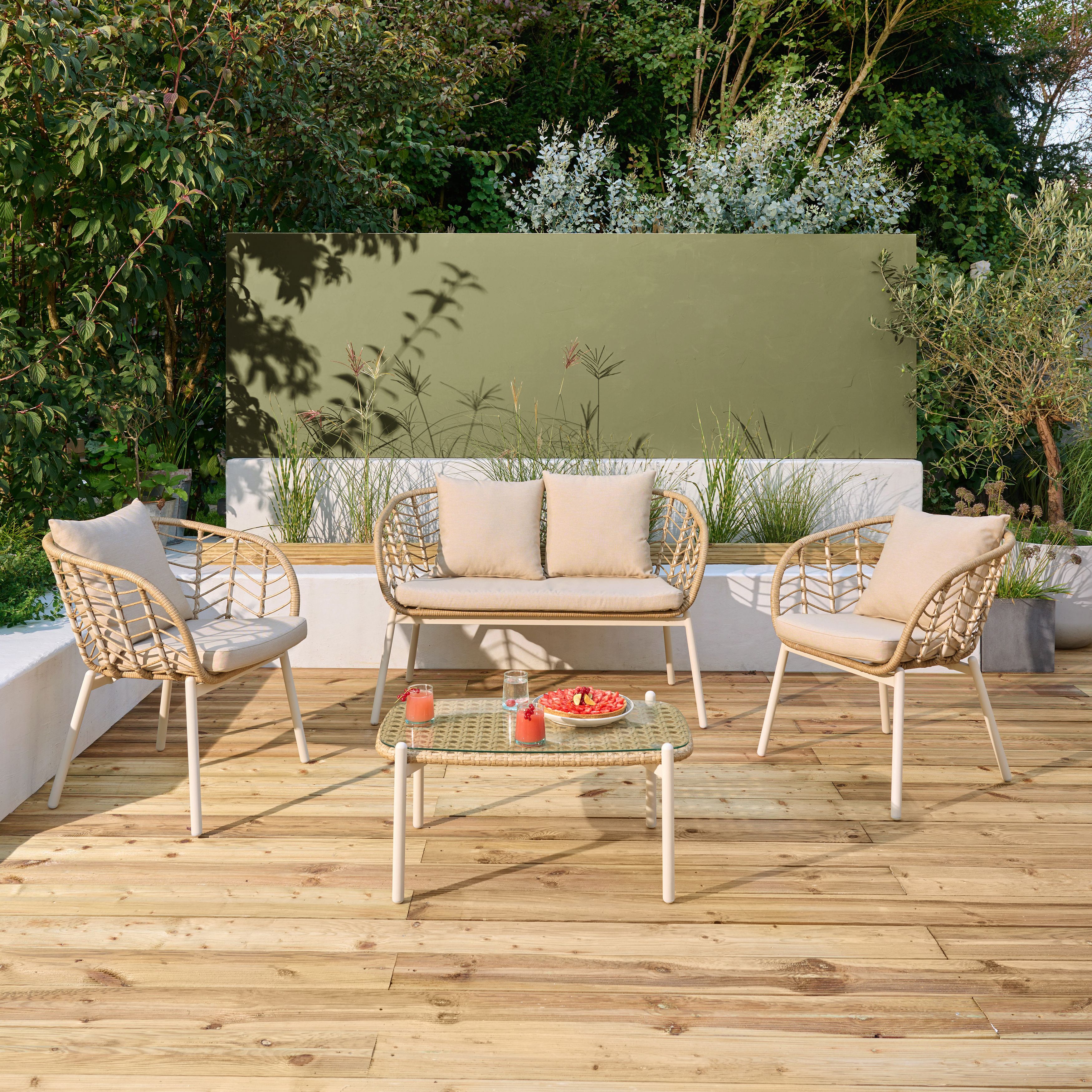 GoodHome Omalos Matt Beige Rattan effect Metal 4 Seater Coffee set