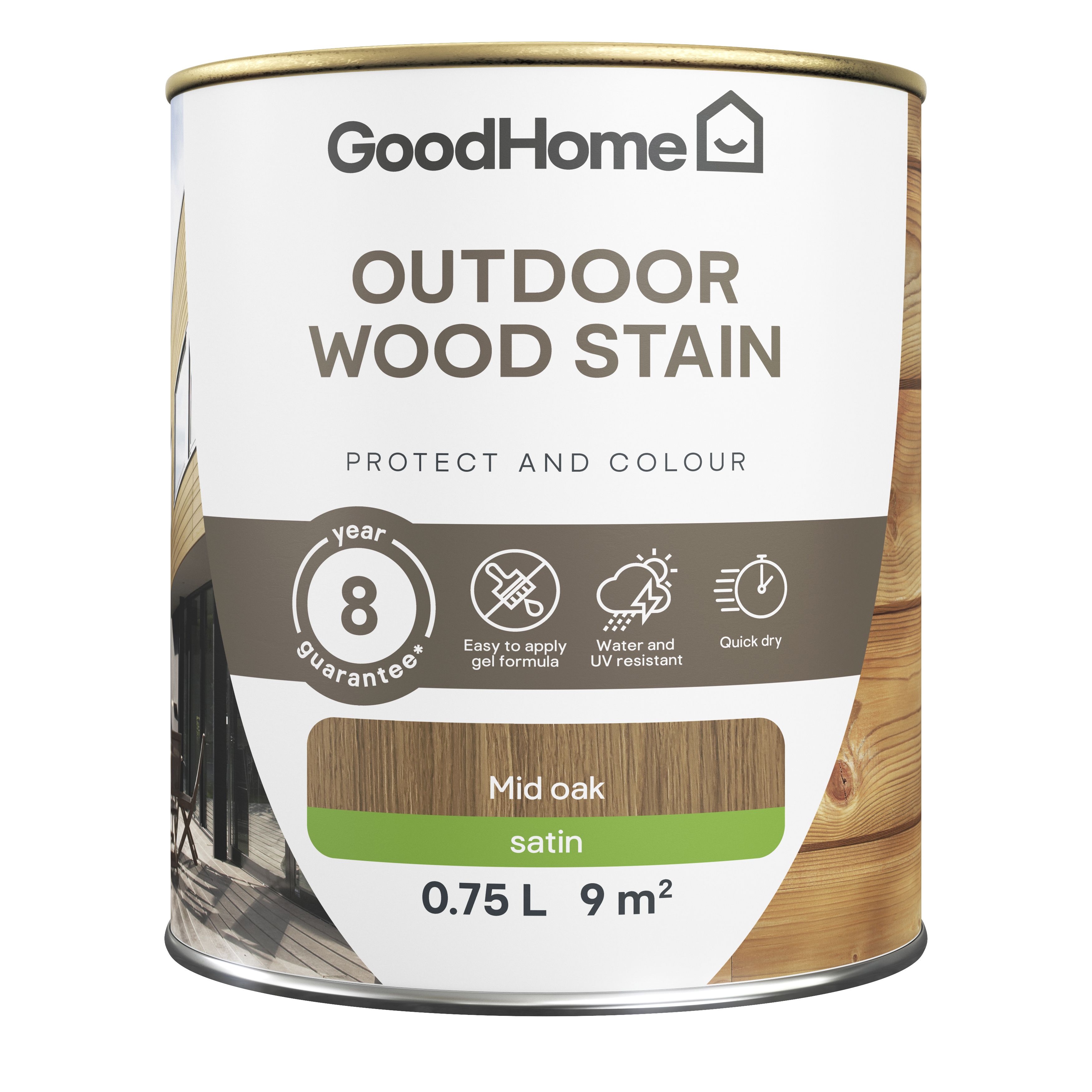 GoodHome Outdoor Mid Oak Satin Quick dry Wood stain, 750ml | DIY at B&Q