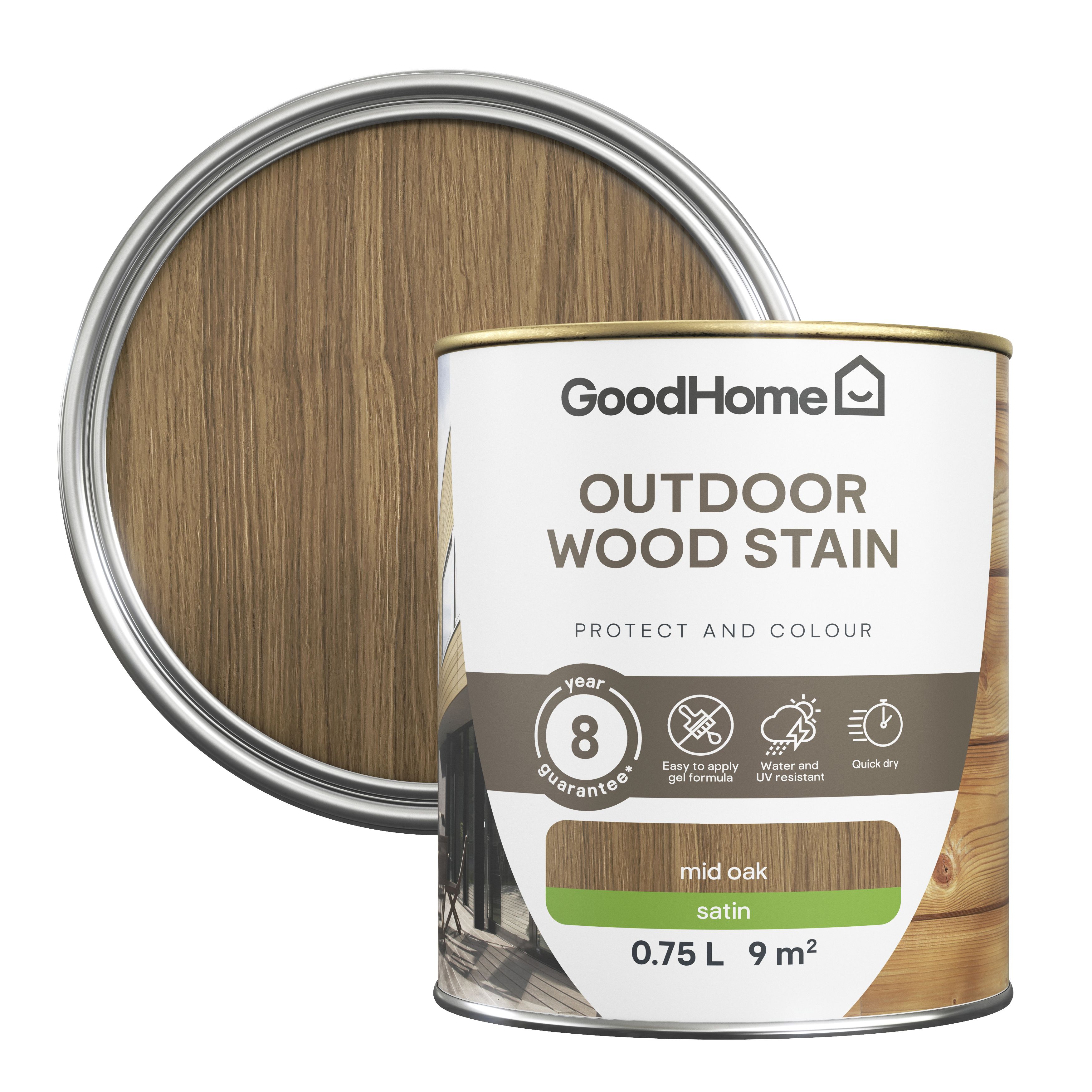 GoodHome Outdoor Mid Oak Satin Quick dry Wood stain, 750ml | DIY at B&Q