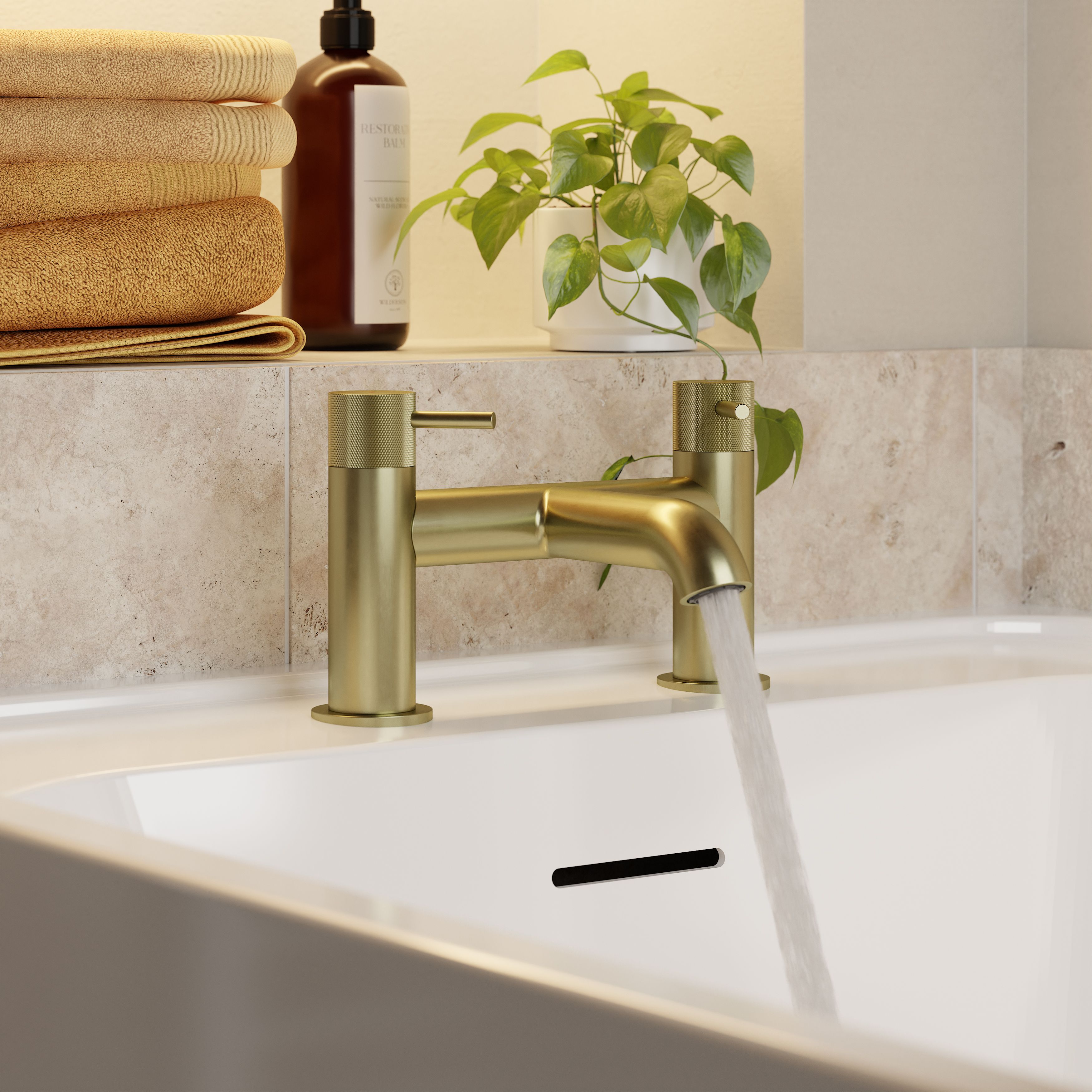 GoodHome Owens Satin Brass effect Deck-mounted Manual Double Bath ...