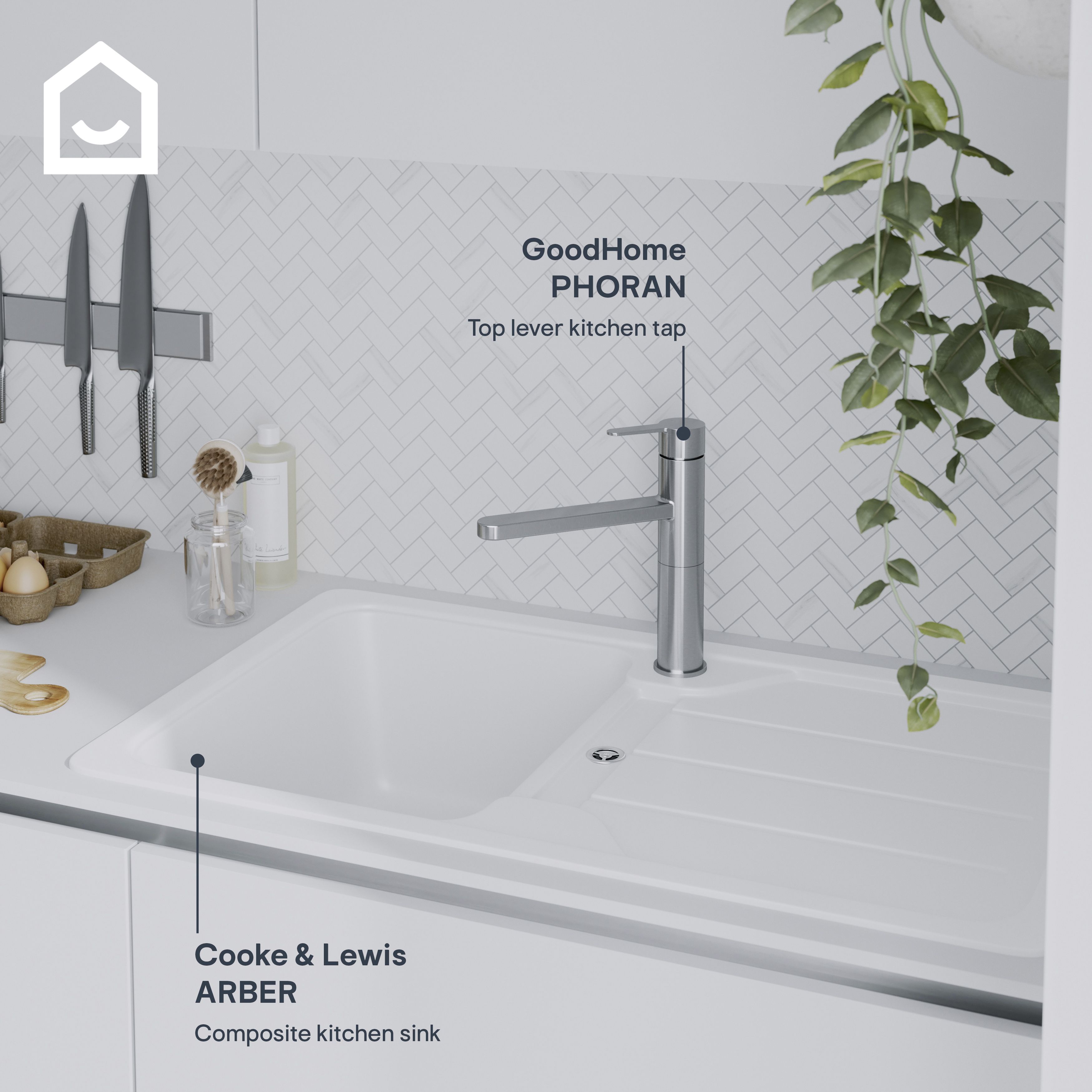 GoodHome Phoran Black Titanium effect Kitchen Top lever Tap