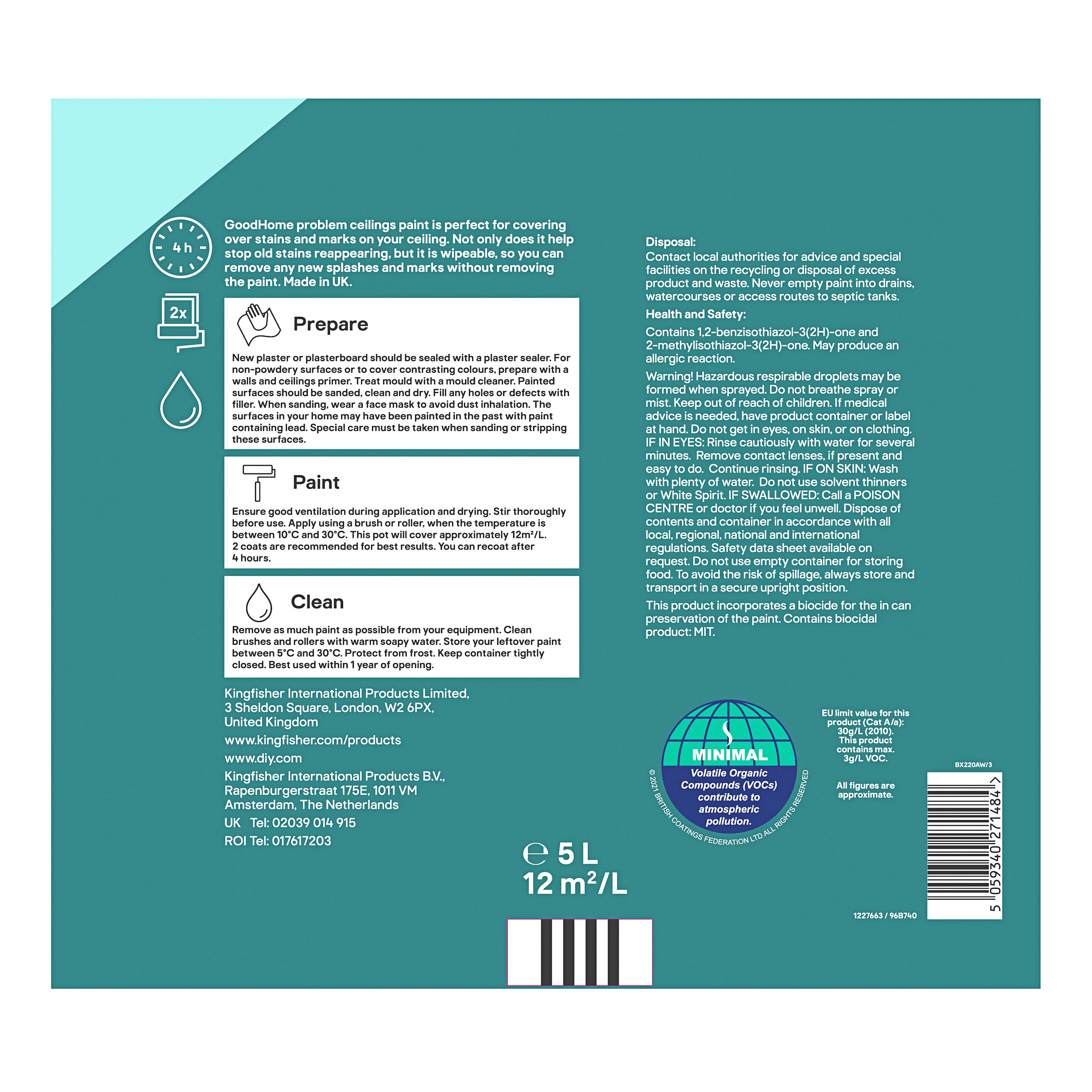 GoodHome Problem Ceilings Brilliant White Matt Ceiling Emulsion paint, 5L