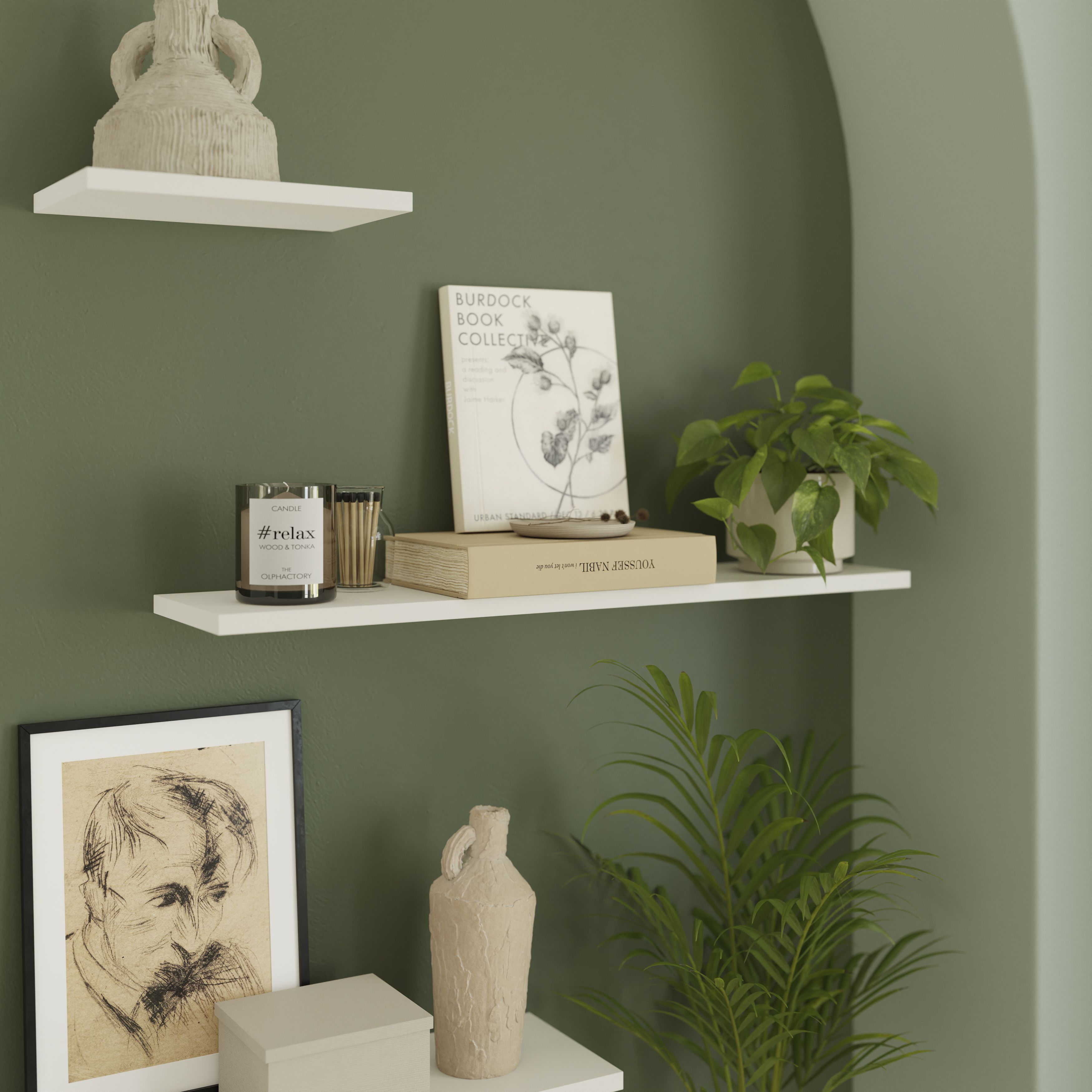 GoodHome Rigga Satin white Rectangular Floating shelf (L)80cm x (D)19cm